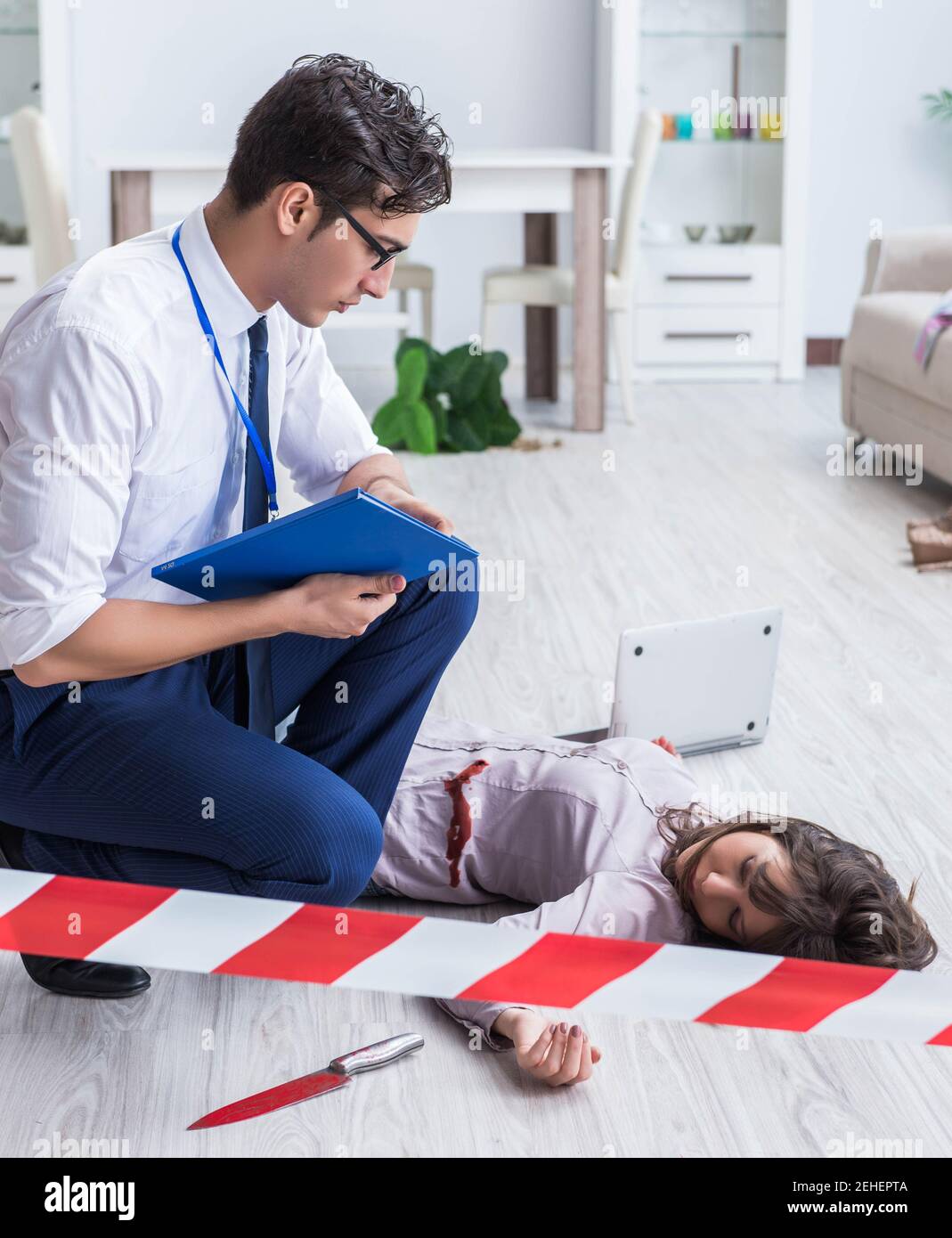 Forensic investigator at the crime scene investigating woman murder ...