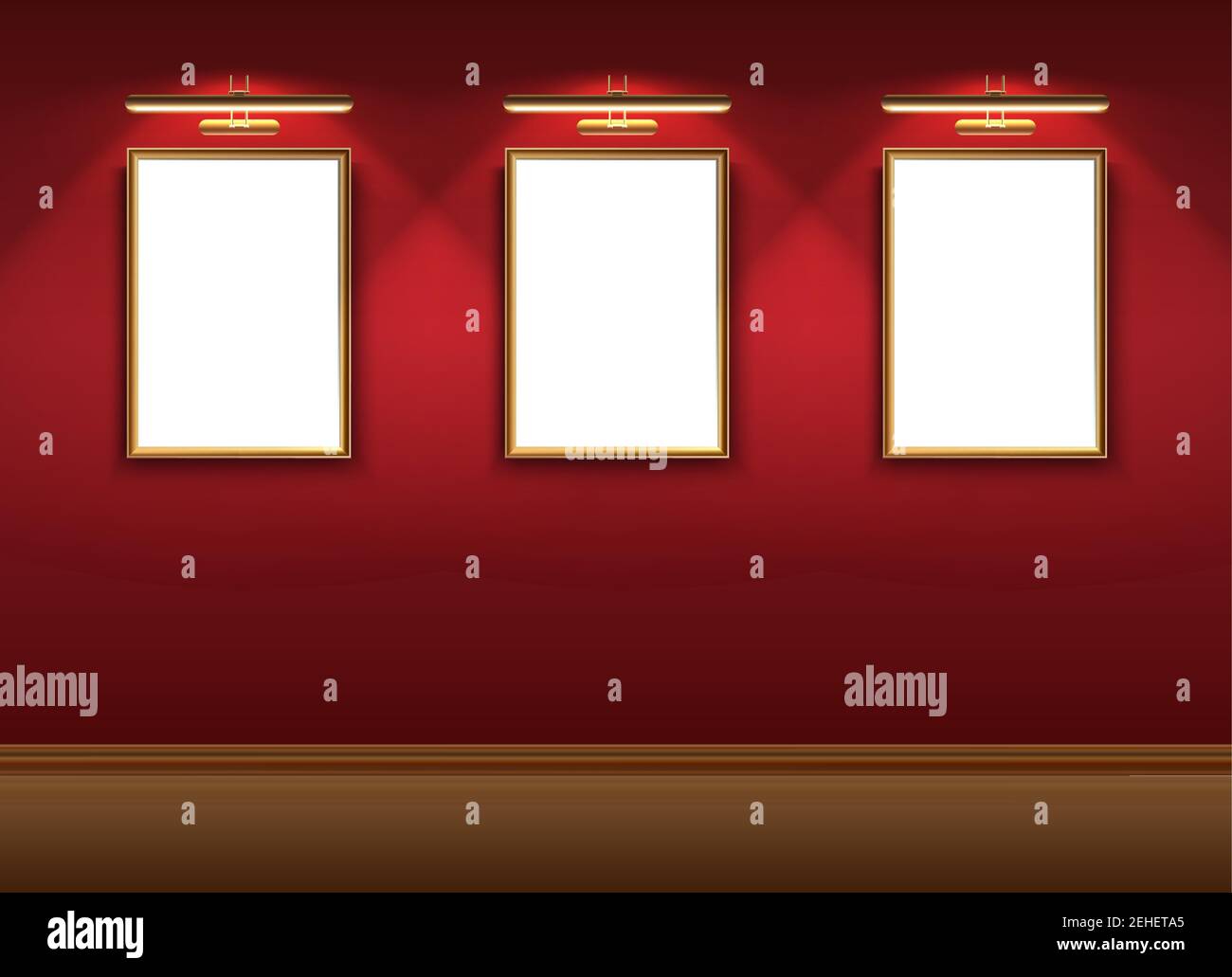 3d realistic vector museum room with mock up pictures frames on hanging ...