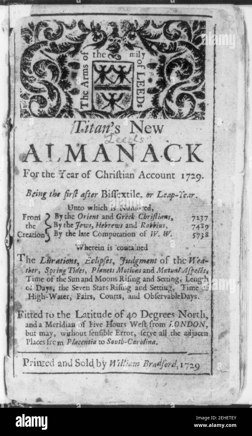 Page from 18th Century almanac- t.p. of Titan's New Almanack...1729 ...