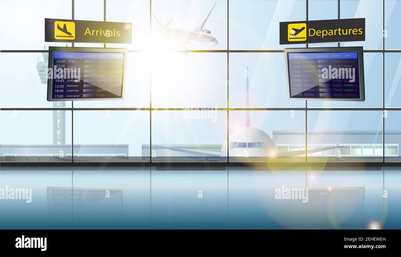 3d realistic vector illustration of airport with planes in the window ...