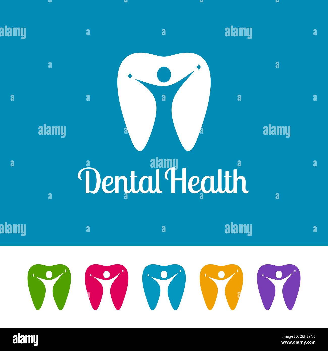 Colorful tooth icons with human figures on white and blue background ...