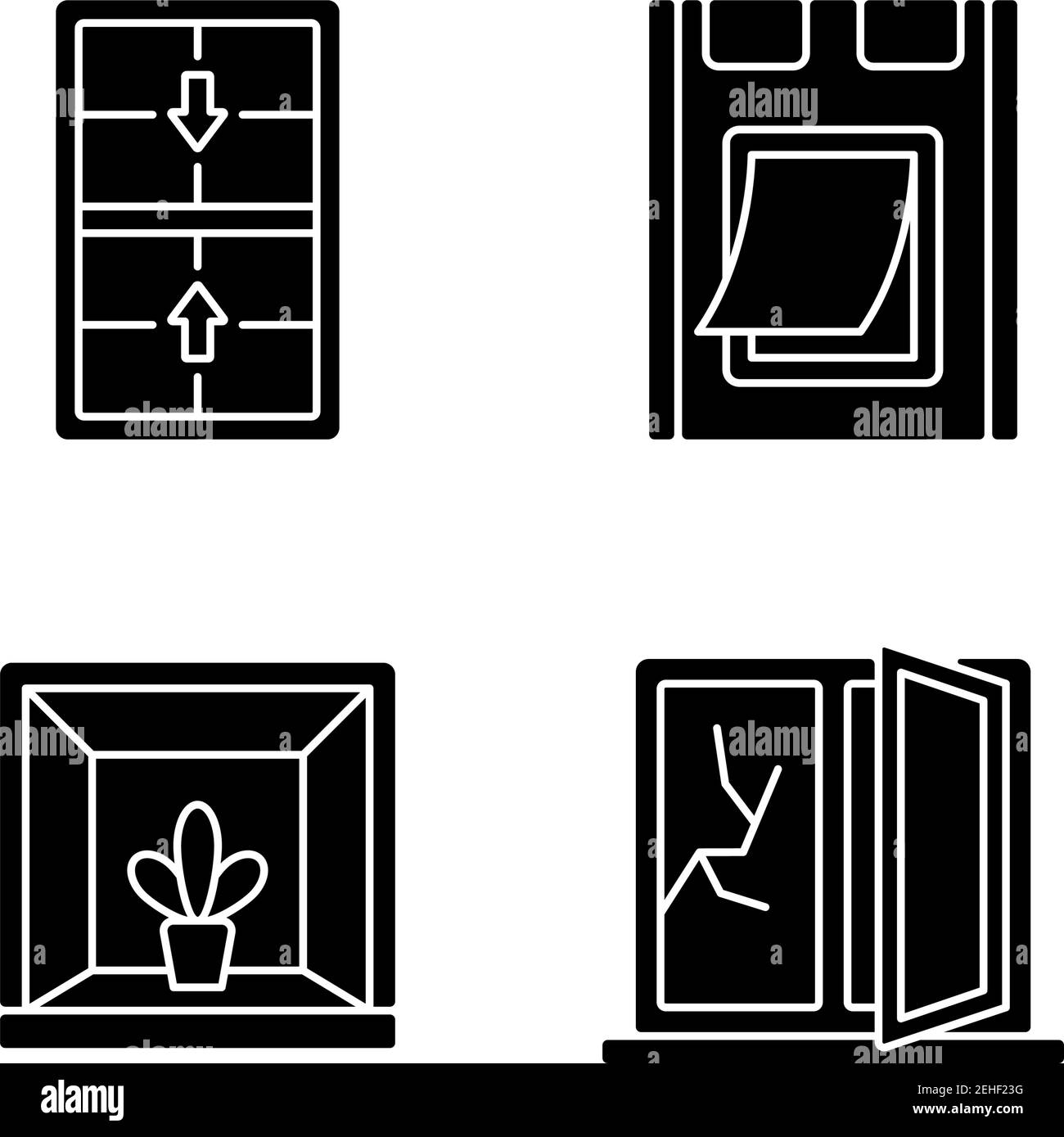 Installing windows and doors black glyph icons set on white space Stock ...