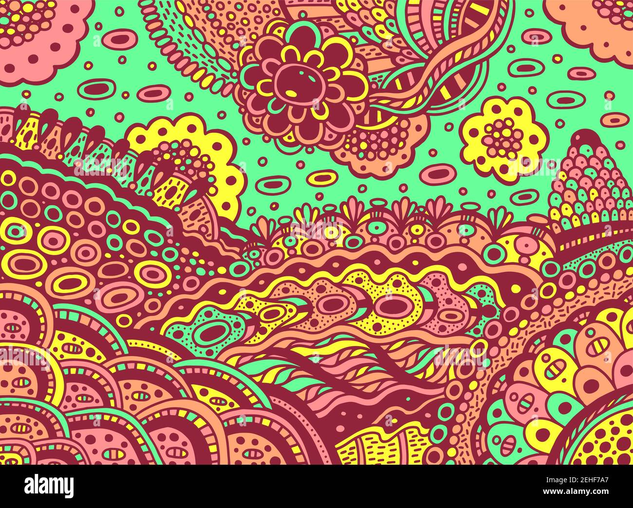 Colorful illustration with doodle landscape. Sea, ocean waves, sunset ...