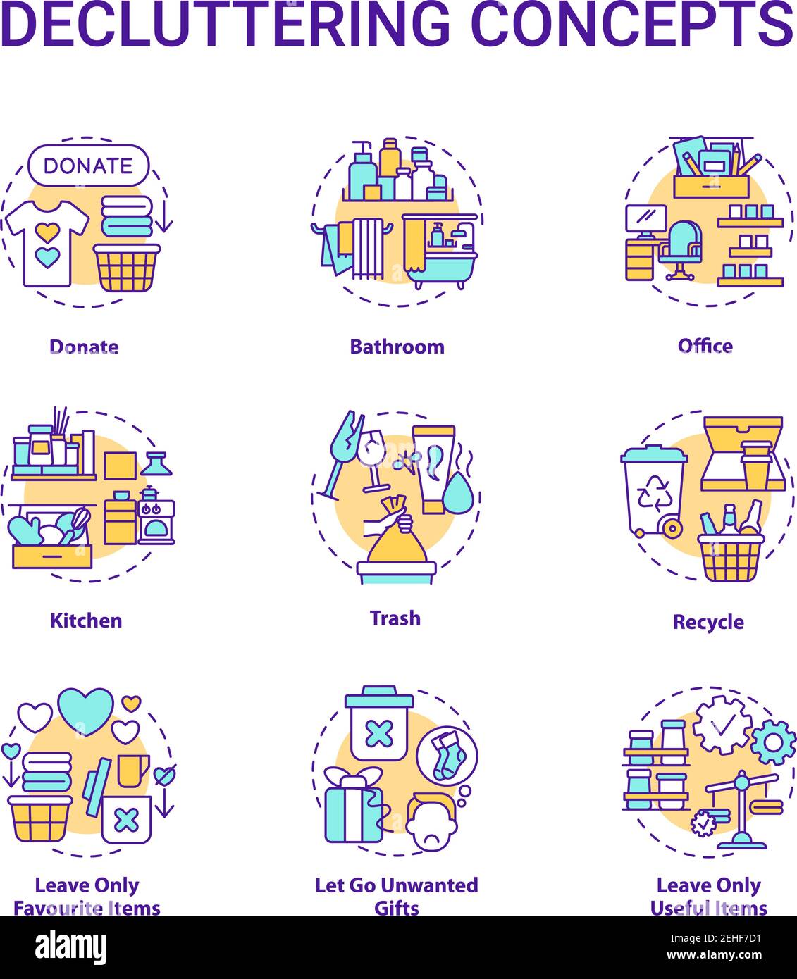 Decluttering concept icons set. Donate and recycle idea thin line RGB color illustrations. House ...