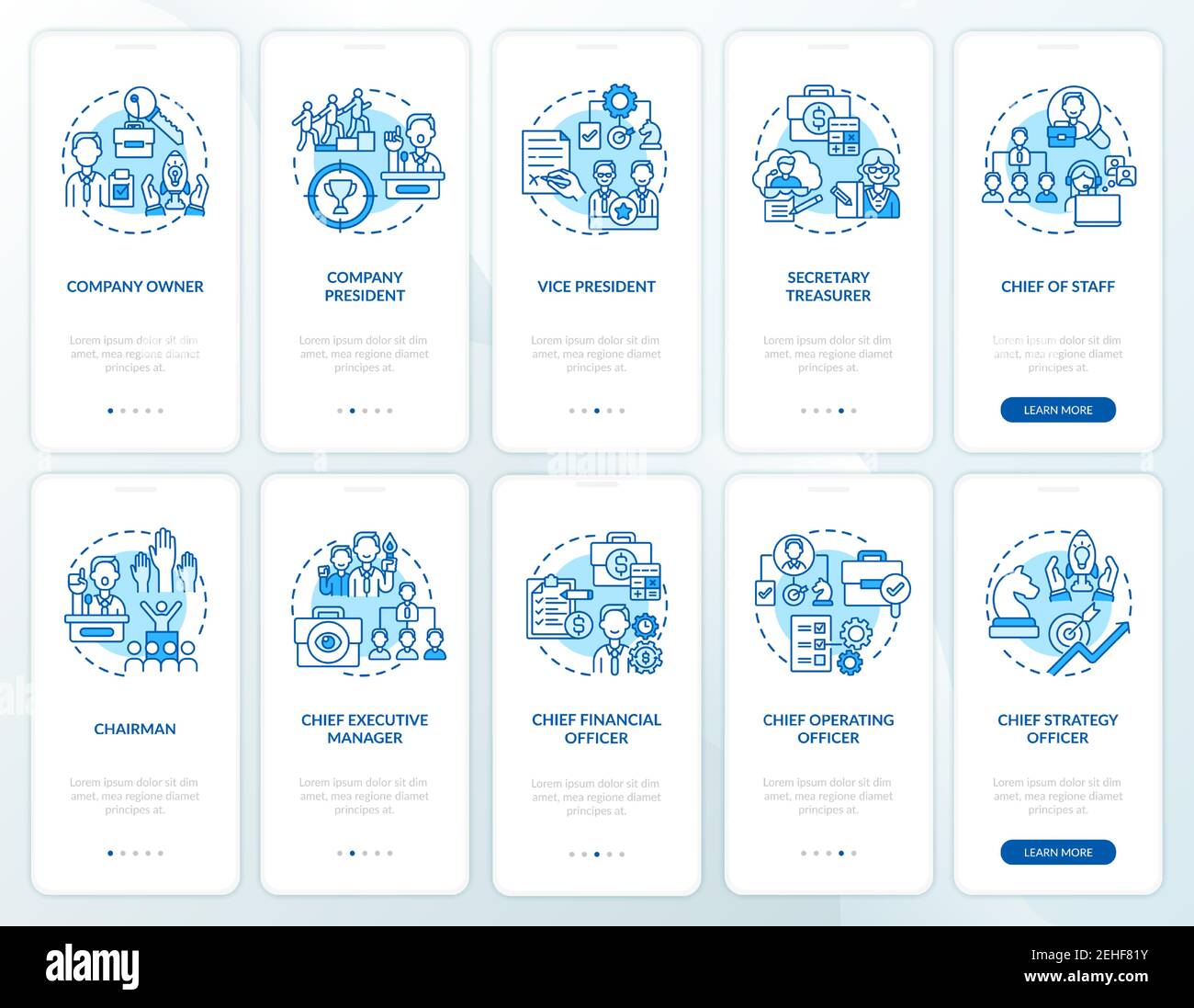 Top management onboarding mobile app page screen with concepts set ...
