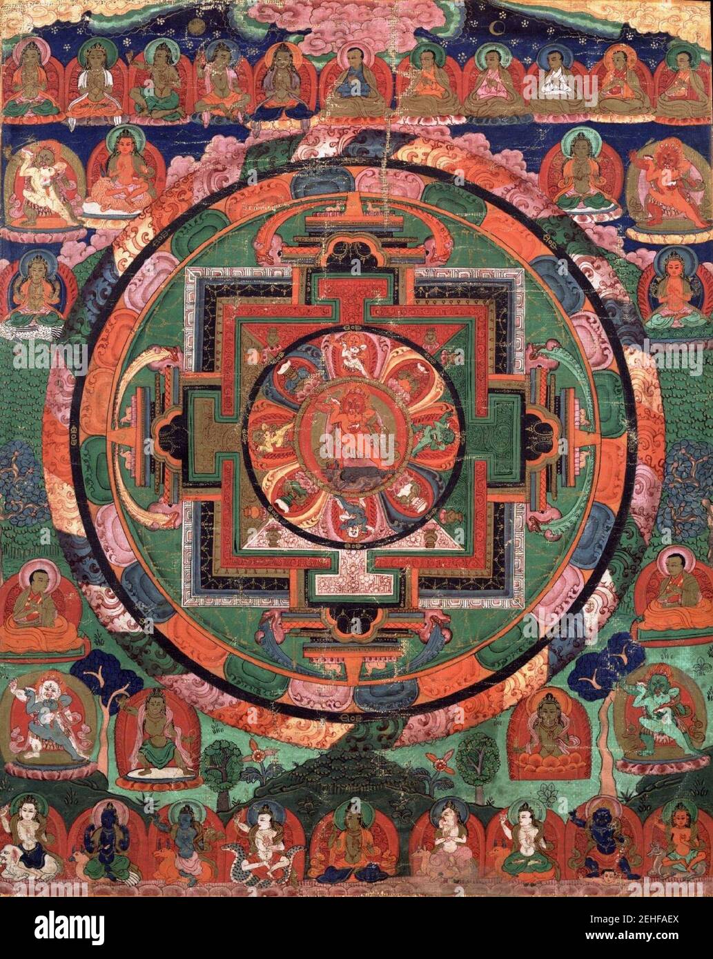 Painted 17th century Tibetan 'Five Deity Mandala', in the center is ...