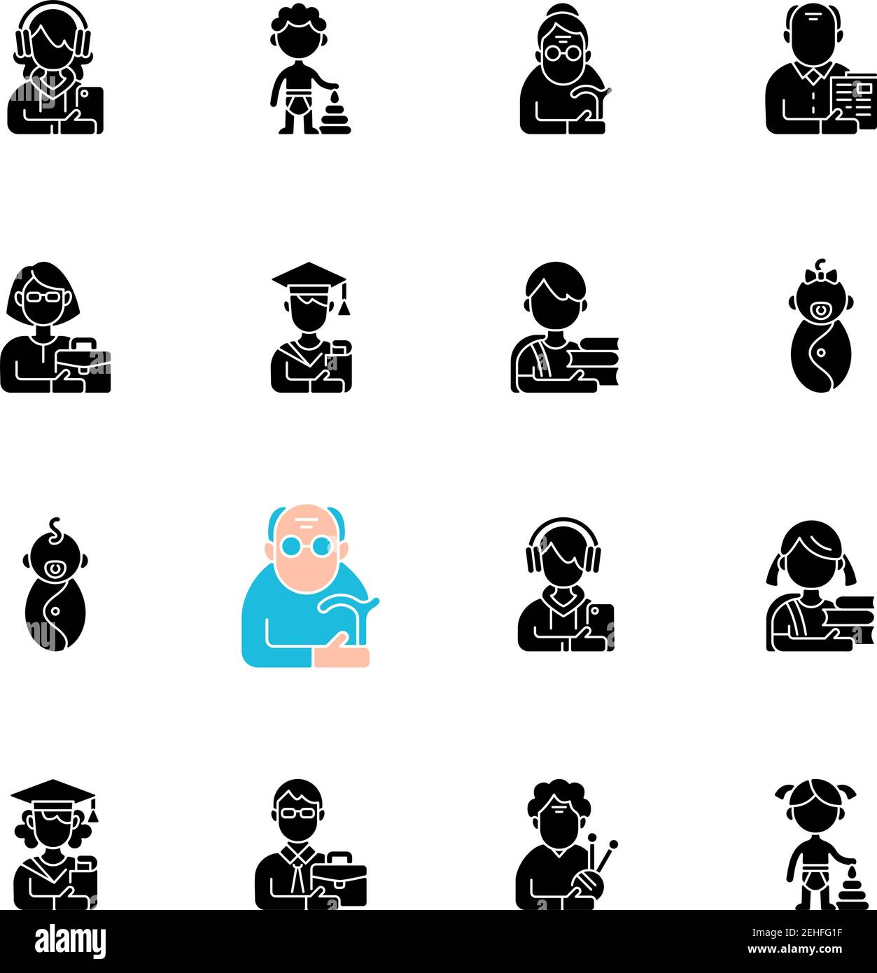 Different age and gender groups black glyph icons set on white space ...