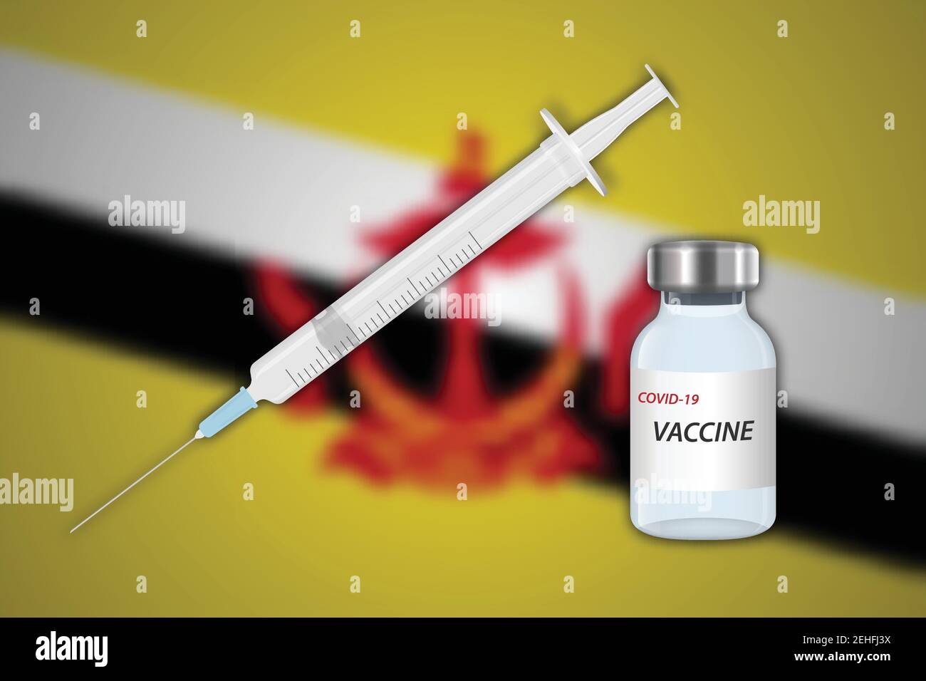 Syringe and vaccine vial on blur background with Brunei flag, Template ...