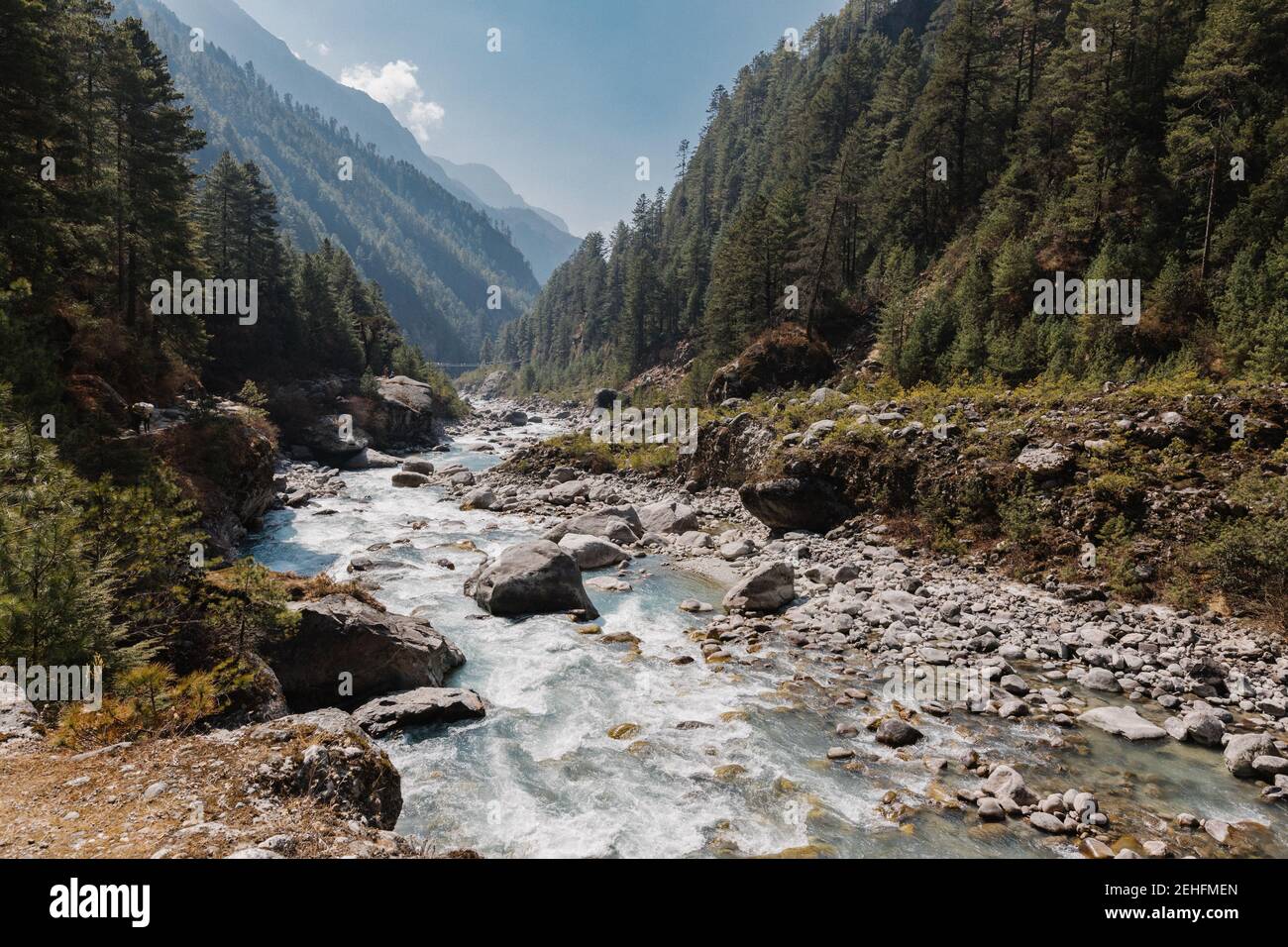 Landscape with a river in the mountains, Himalayas, Nepal Stock Photo ...