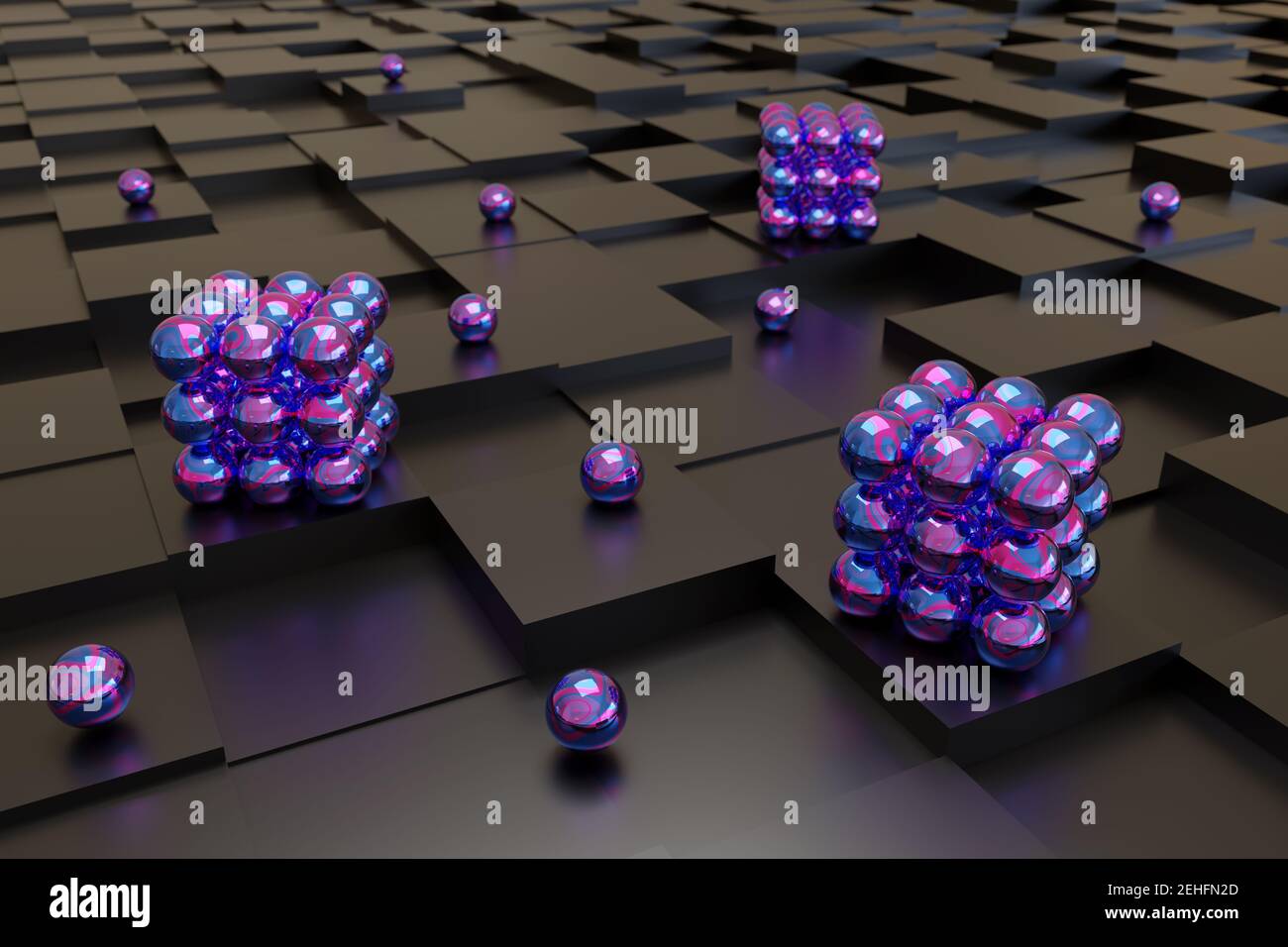 Purple spheres on black cubes. Abstract design. 3d illustration Stock ...