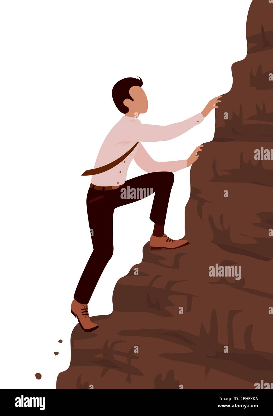 A young brave business man climbs a steep mountain. Career and effort ...