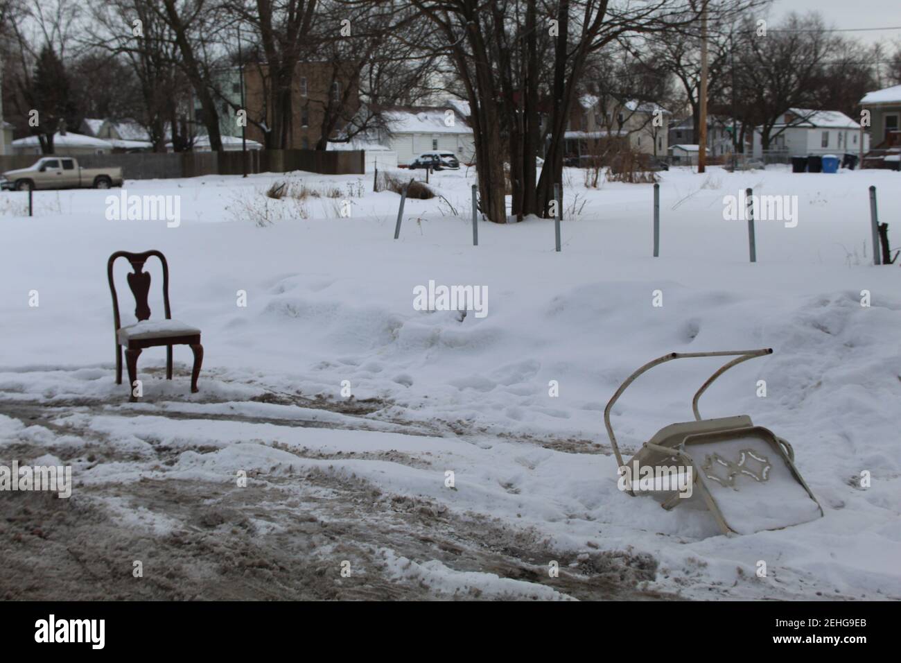 Two dibs parking chairs in Chicago's Englewood neighborhood Stock Photo ...