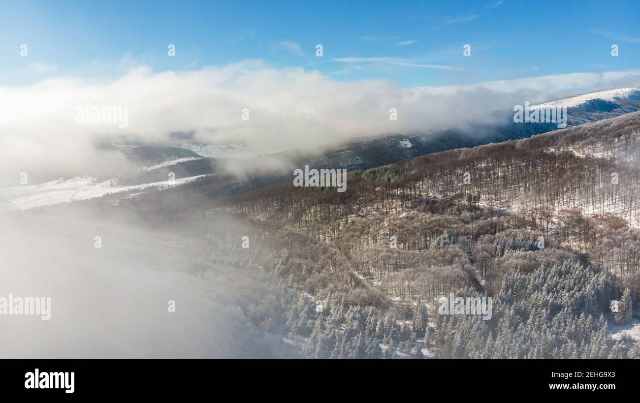 Flying above snowy winter misty mountain forest covered with snow . Top ...