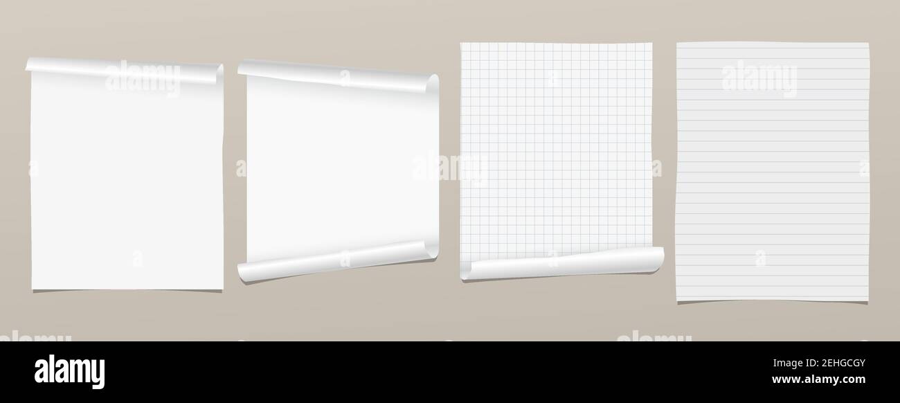 White torn, lined and blank note, notebook paper are on light brown ... White torn, lined and blank note, notebook paper are on light brown ...