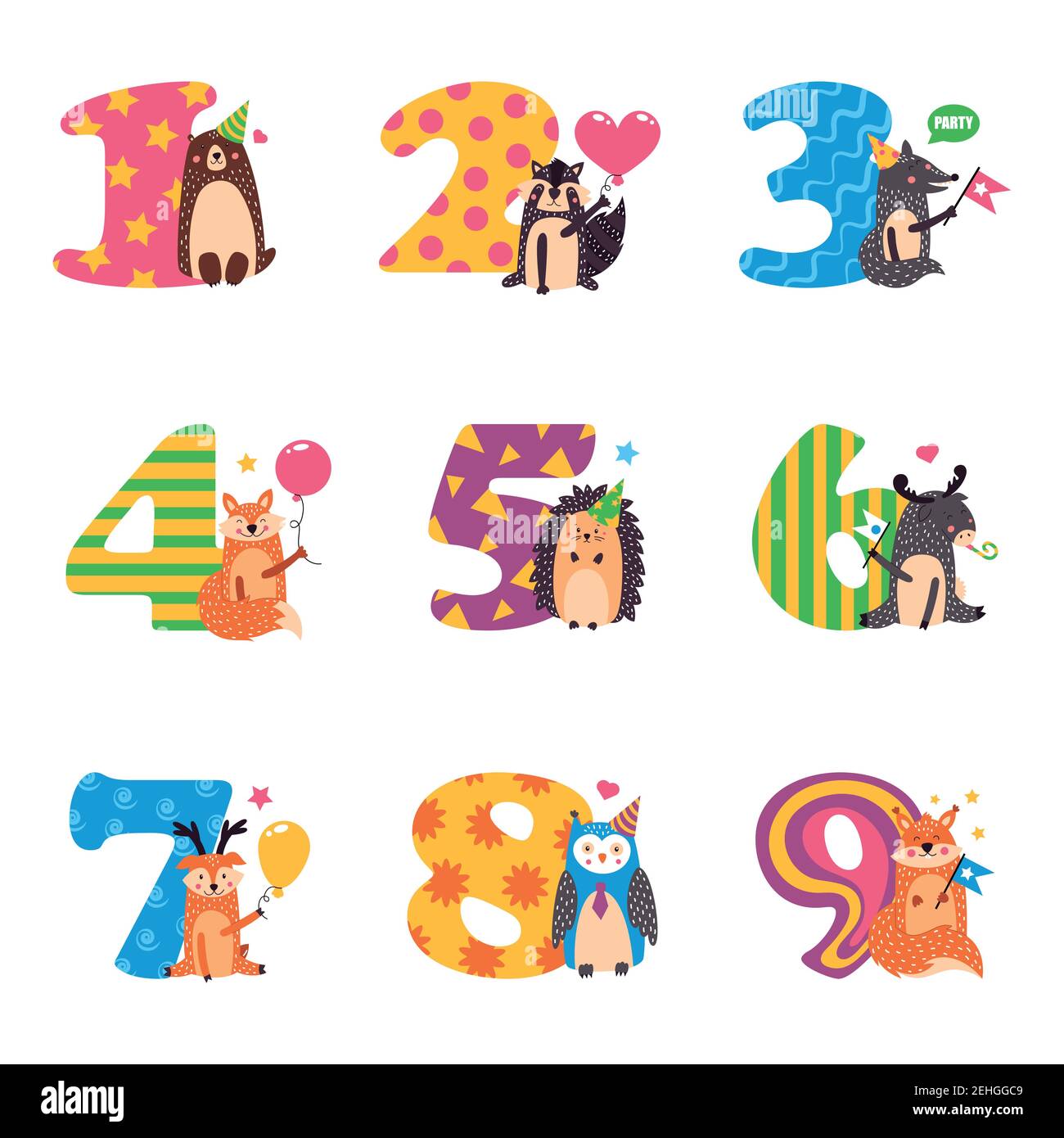 Birthday numbers with cute animals. Vector illustration isolated on ...
