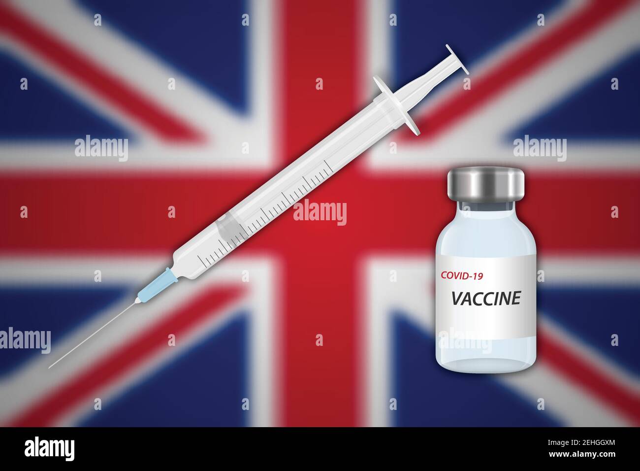 Syringe and vaccine vial on blur background with United Kingdom flag ...