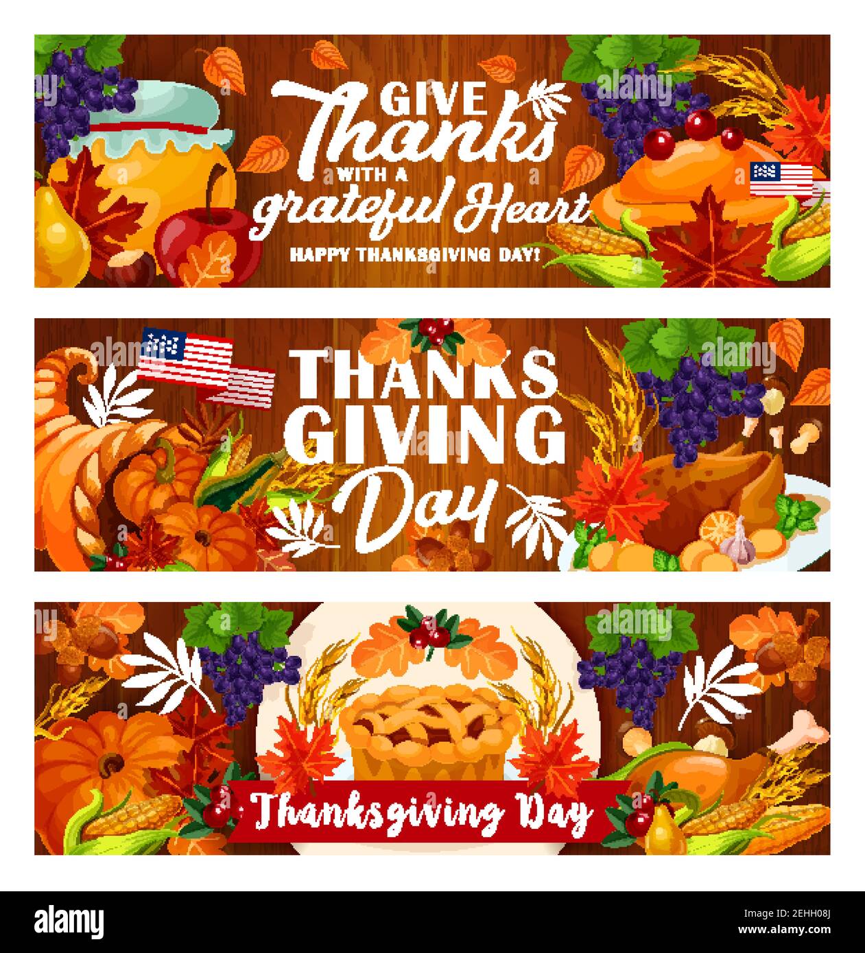 Thanksgiving Day festive card with autumn harvest pumpkin and turkey on ...