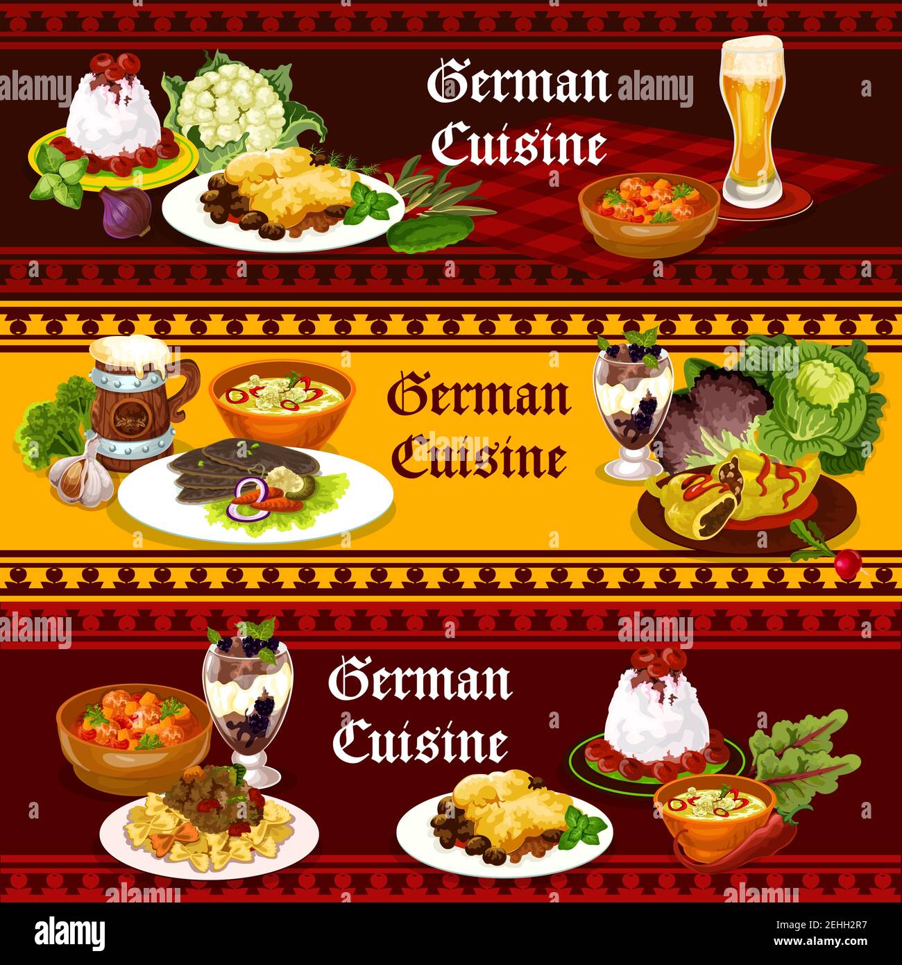 German cuisine traditional food and drink banners. Beer with potato ...