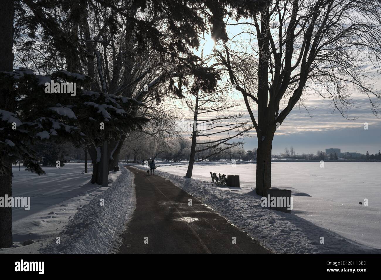 Canadian winter scenes - sunrise by a frozen, snow covered lake in ...