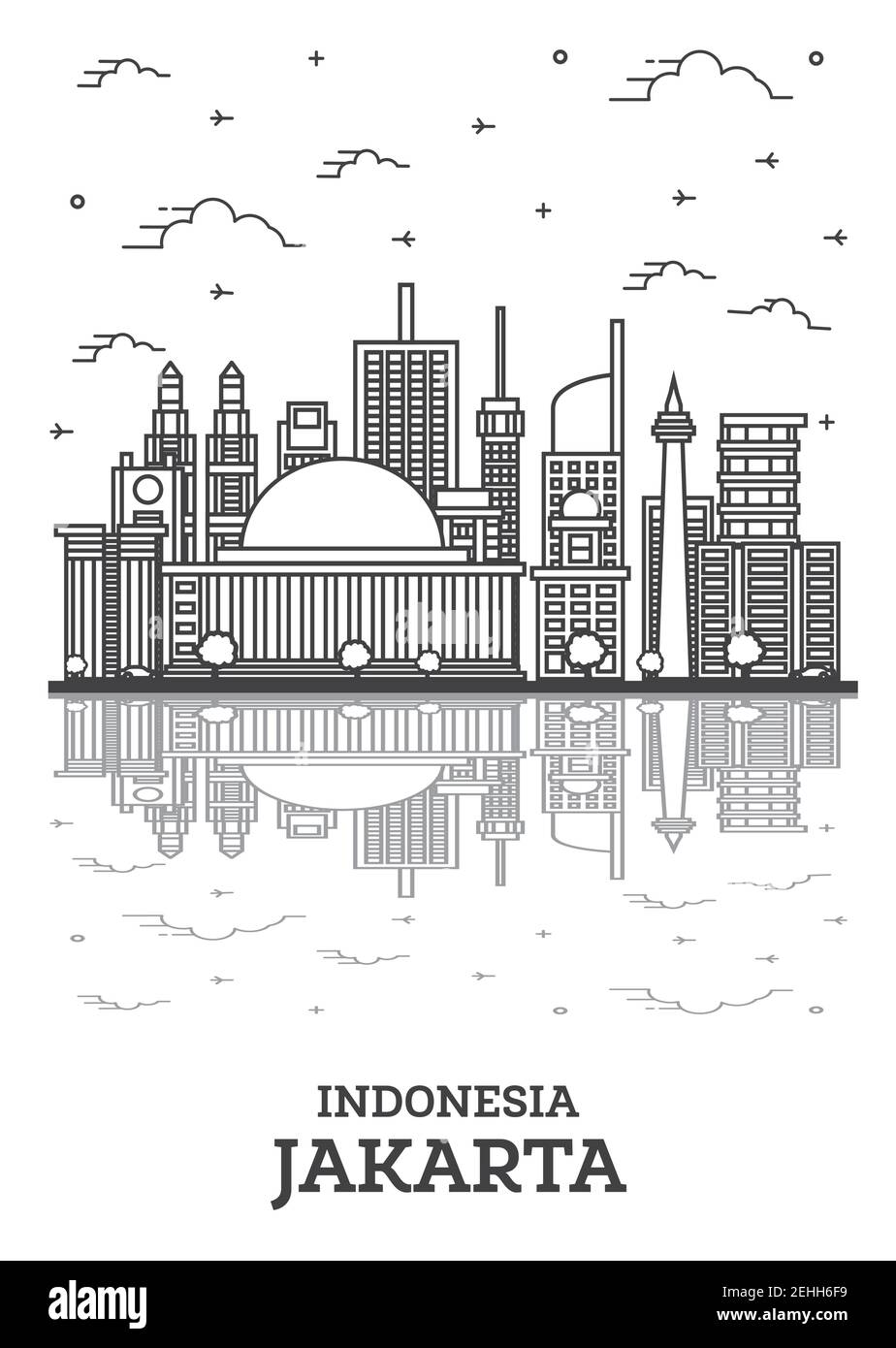 Outline Jakarta Indonesia City Skyline with Modern Buildings and ...