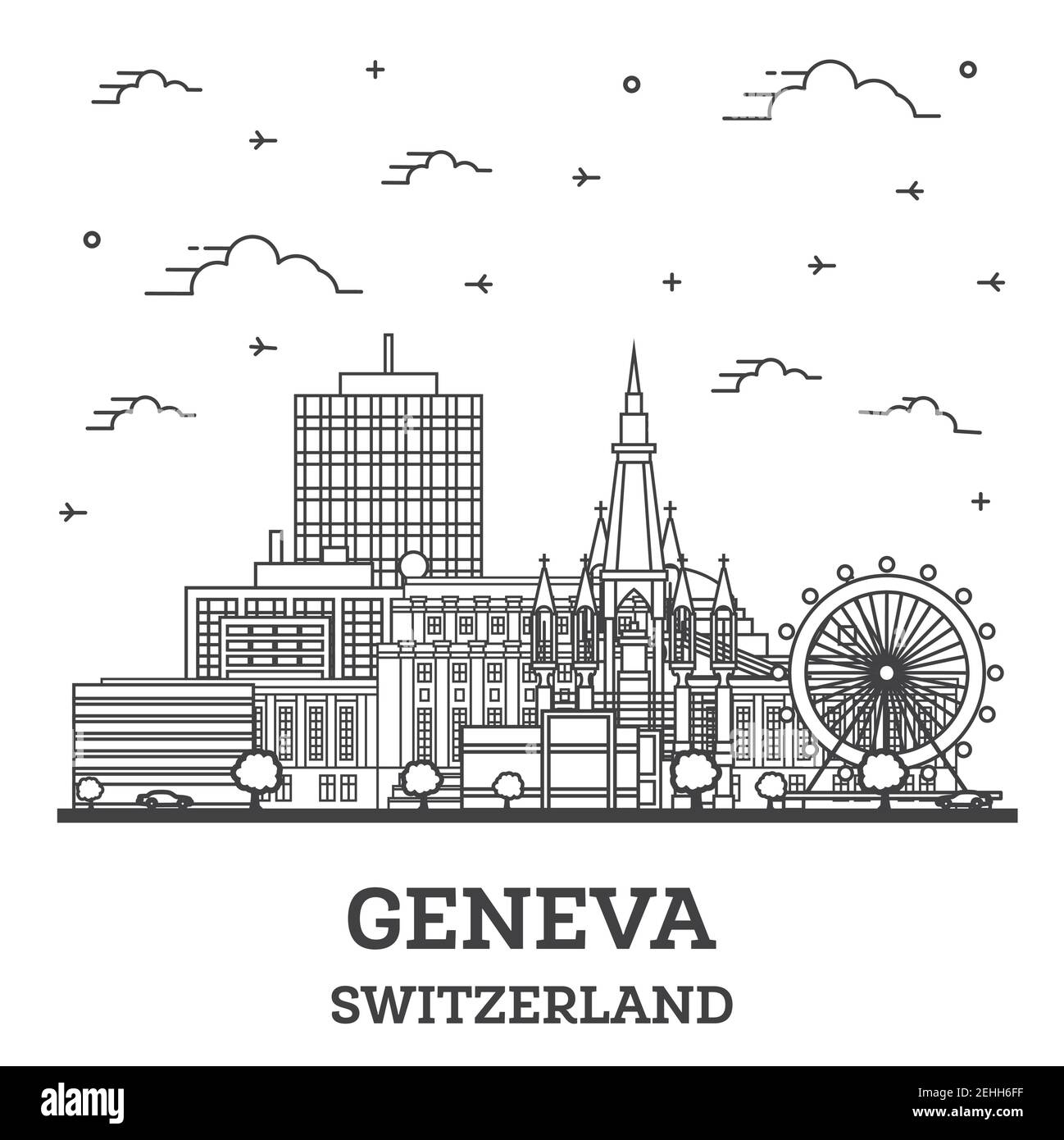 Outline Geneva Switzerland City Skyline with Modern Buildings Isolated ...