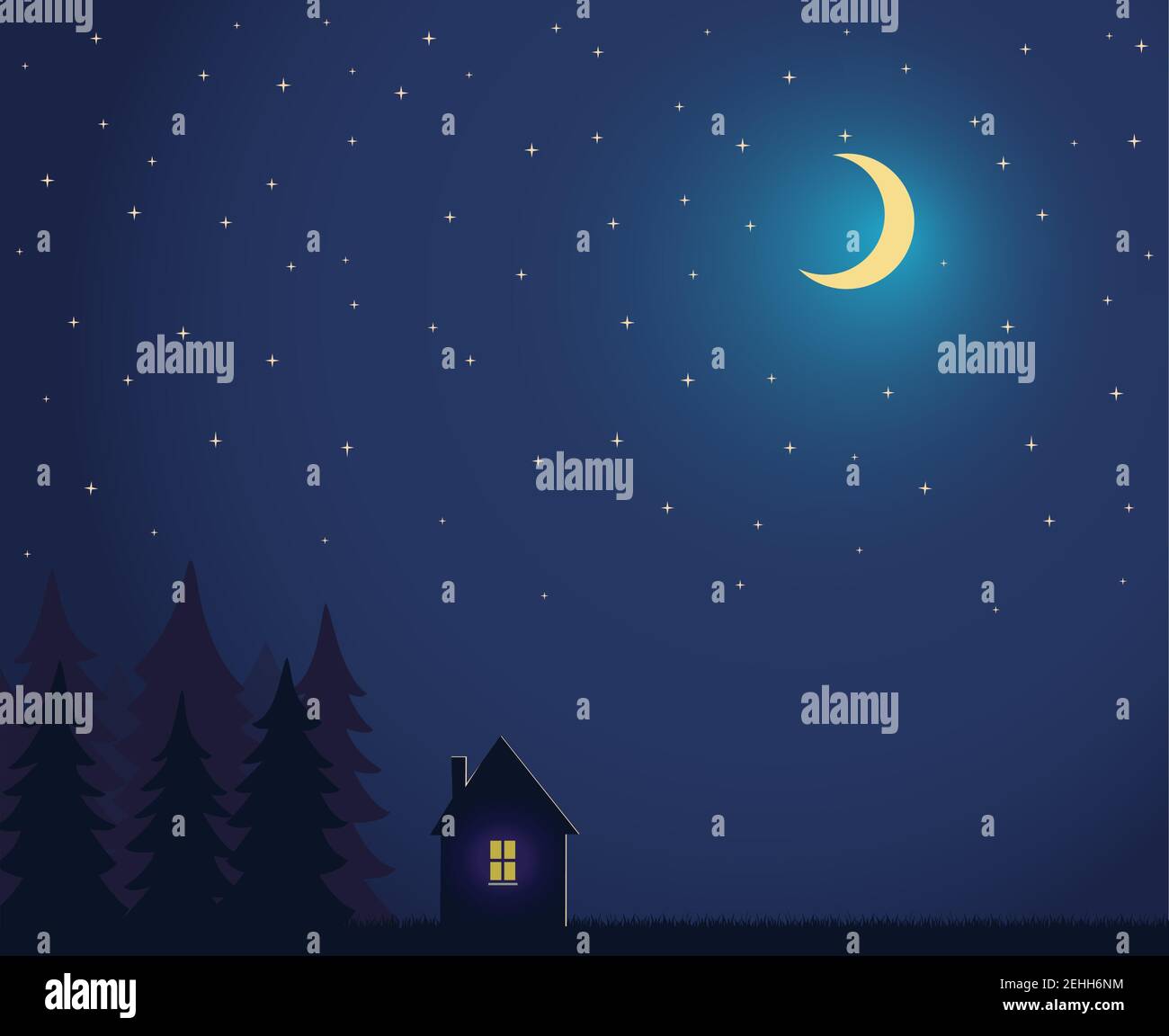 House and tree and night sky with stars and moon House and tree and ...