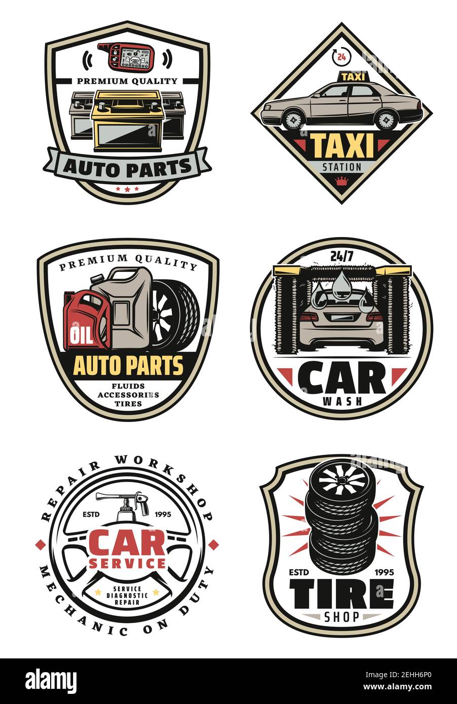 Car service retro labels for repair workshop, car wash, auto part and ...