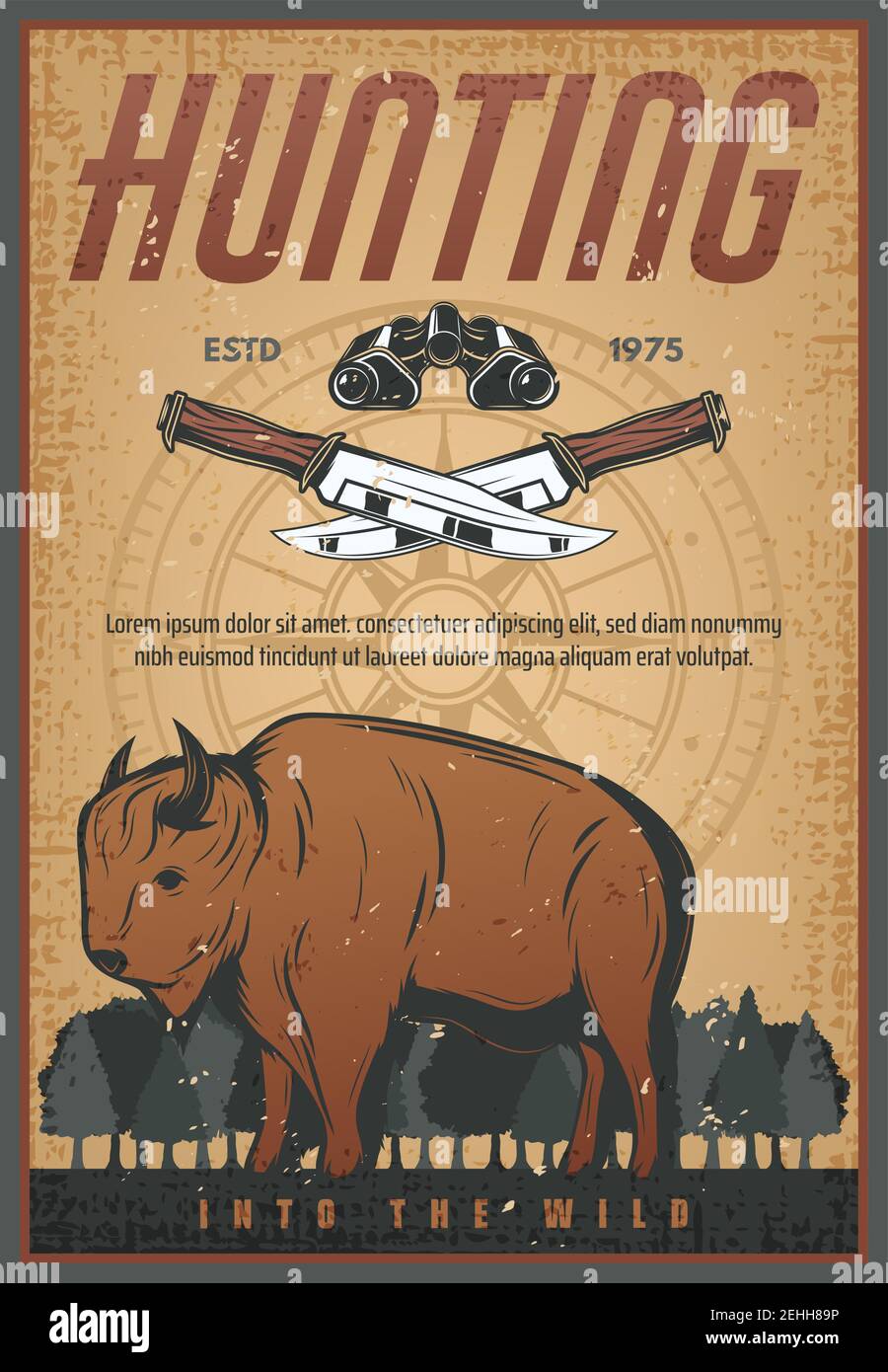 Hunting sport old grunge banner with wild bison animal. Brown buffalo ...