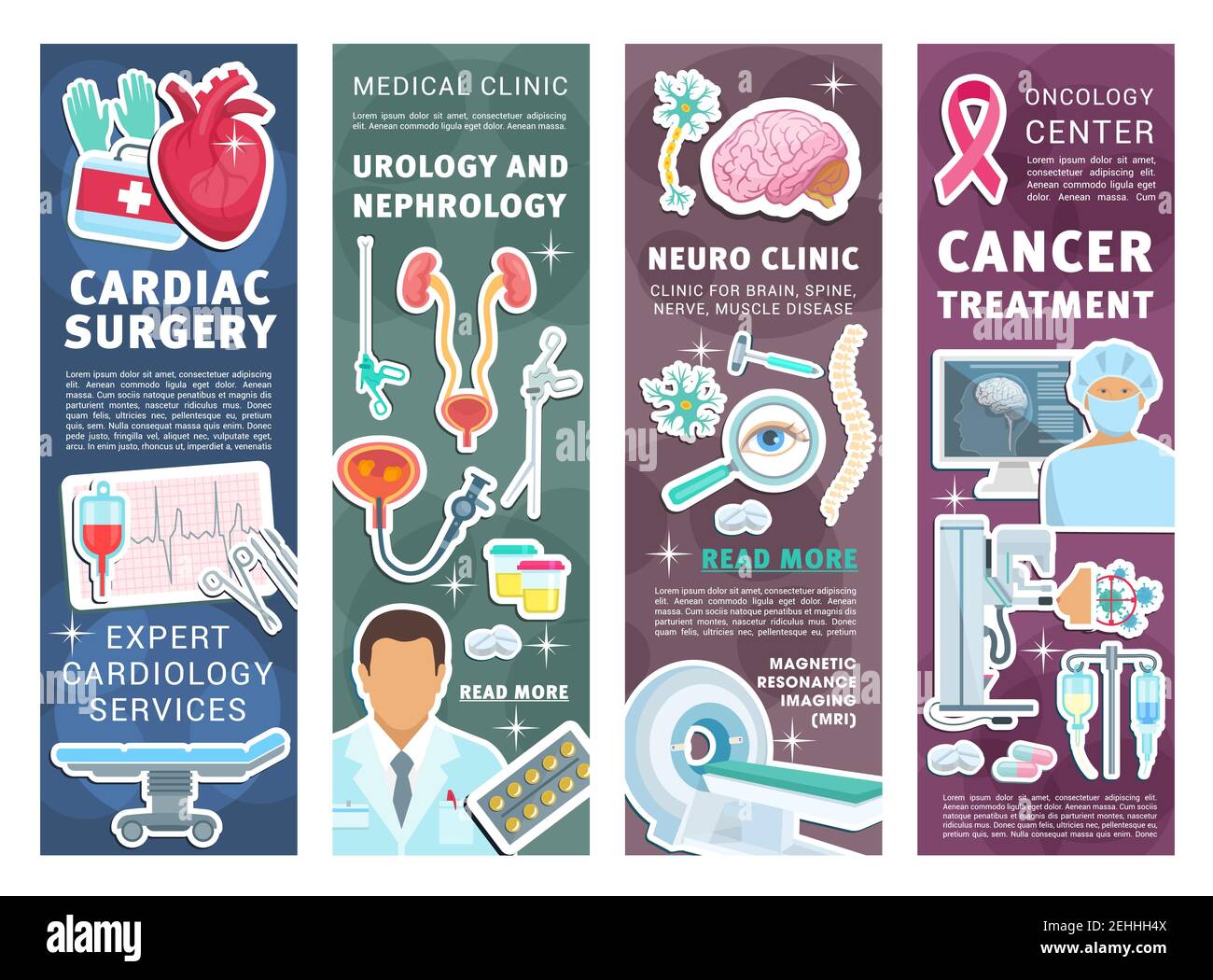 Hospital and medical clinic banners with doctors, research instruments ...