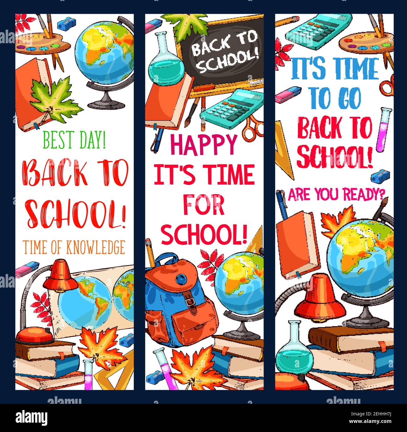 Back to School time banners sketch design of school bag and lesson ...