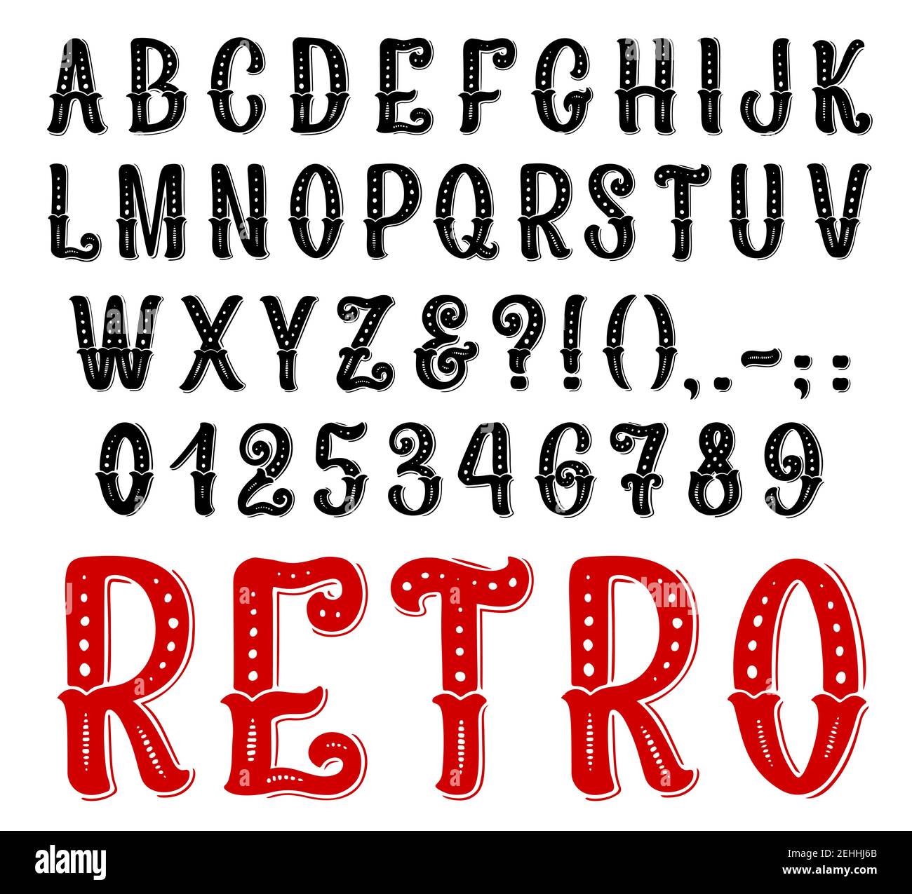 Retro font of alphabet letters and numbers. Black and red vintage type ...