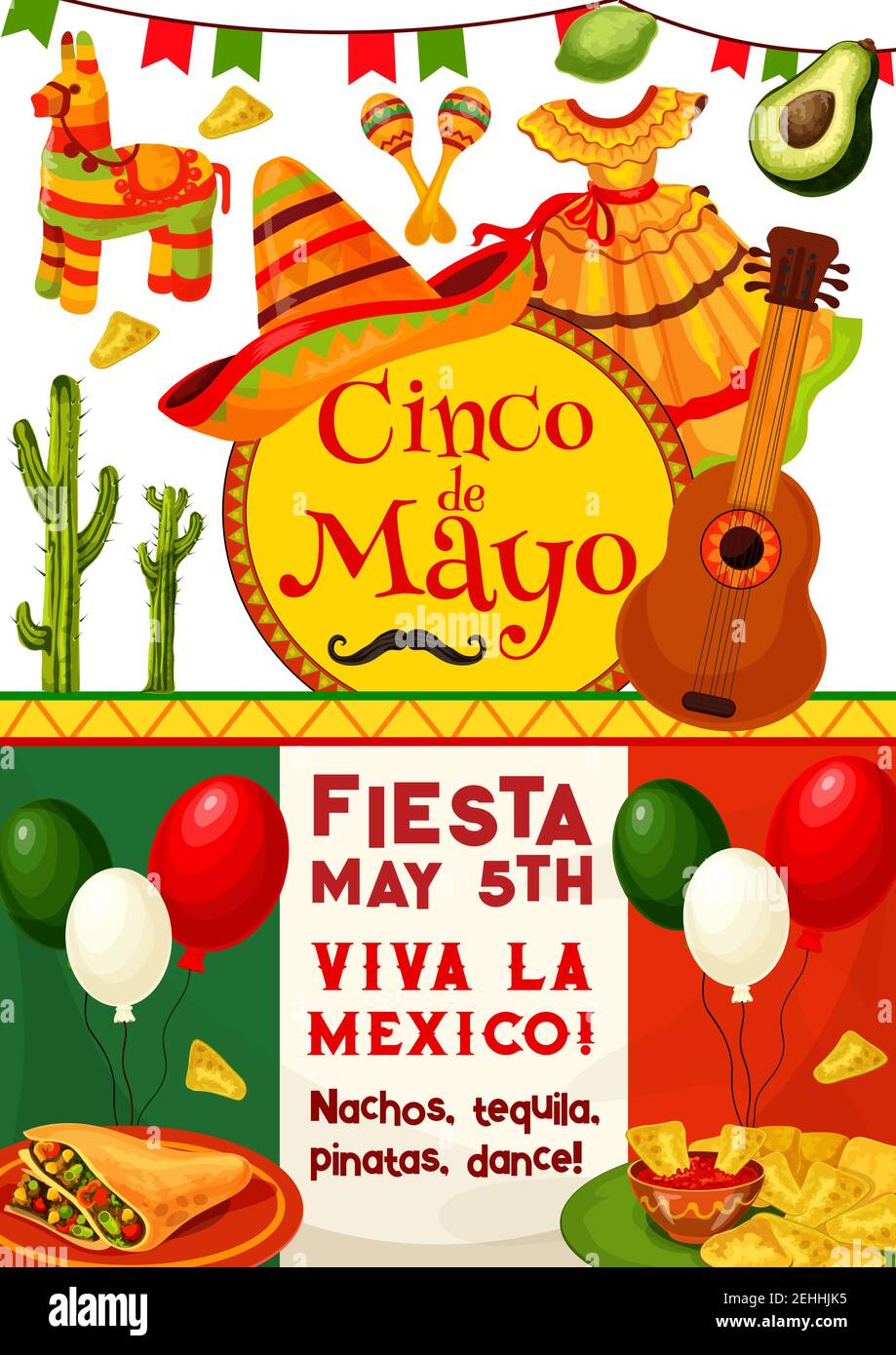 Cinco de Mayo and Viva Mexico fiesta party invitation. Mexican holiday ...