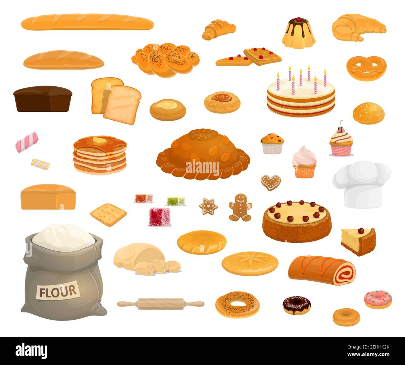 Bread and pastry sweet desserts icons. Bakery product signs of bread ...