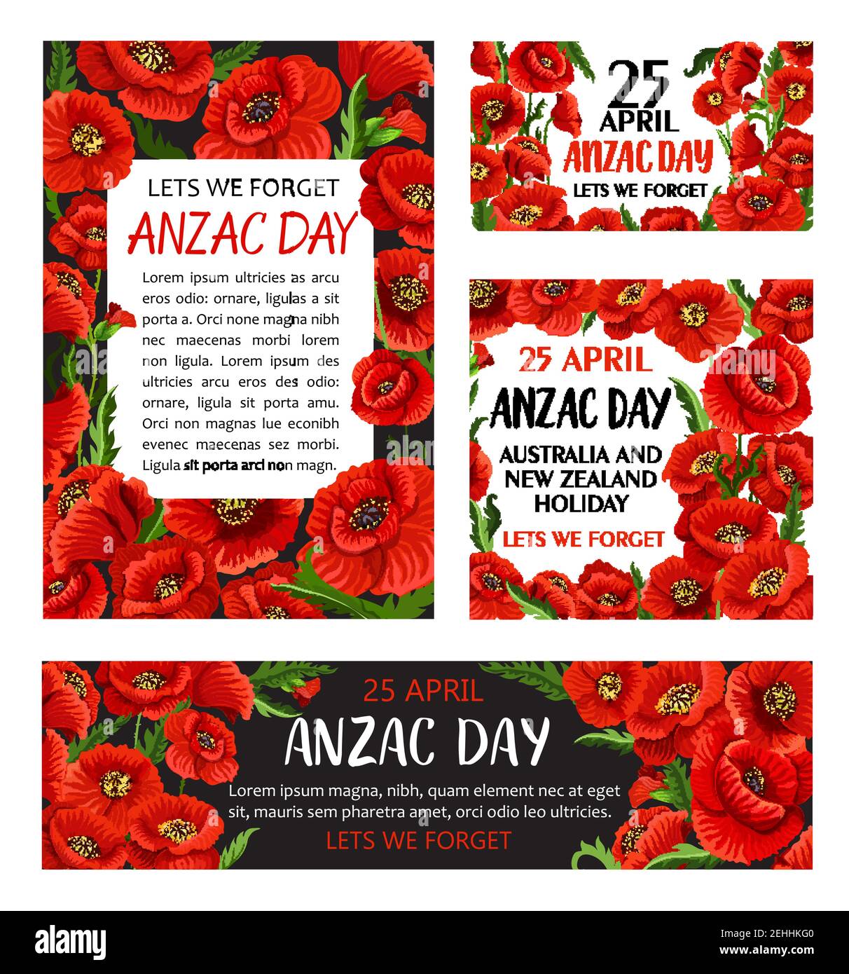 Anzac Day poppy flower memorial card of Australian and New Zealand war ...