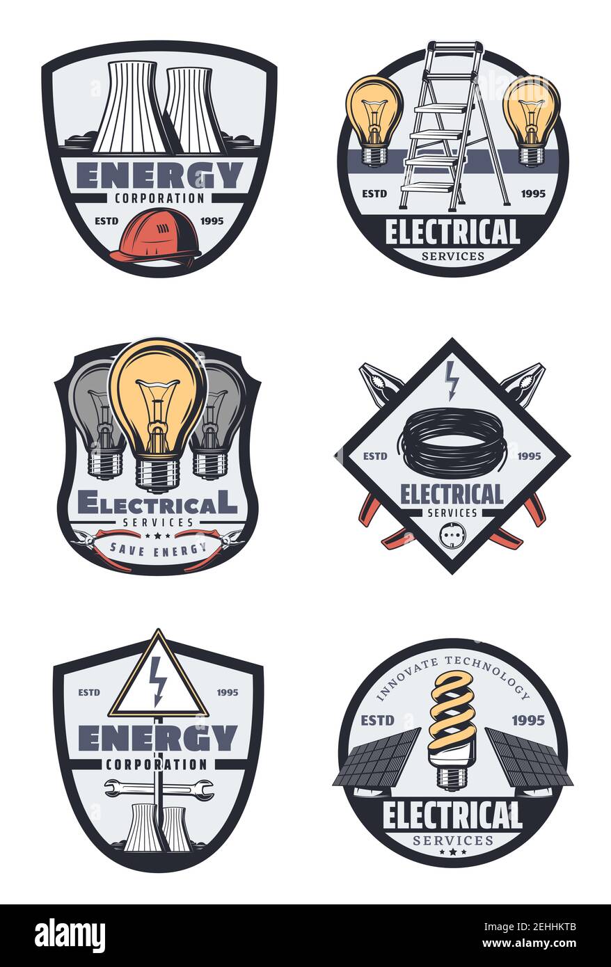 Electrical service retro badges of energy industry. Light bulb, cable ...