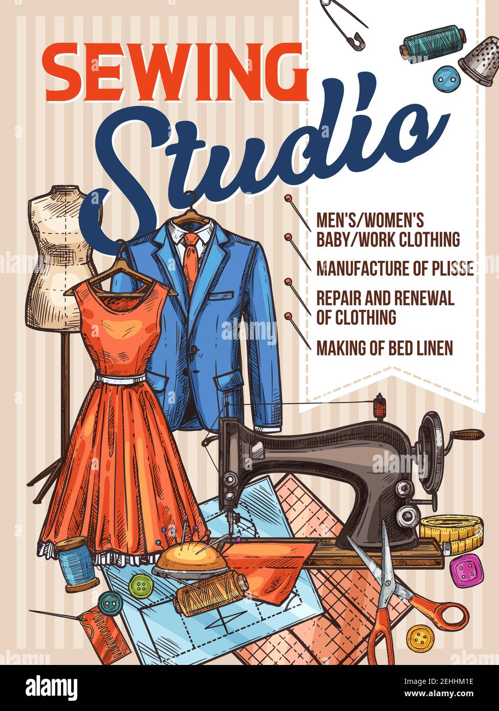 Atelier tailor or sewing studio retro sketch poster for dressmaker ...