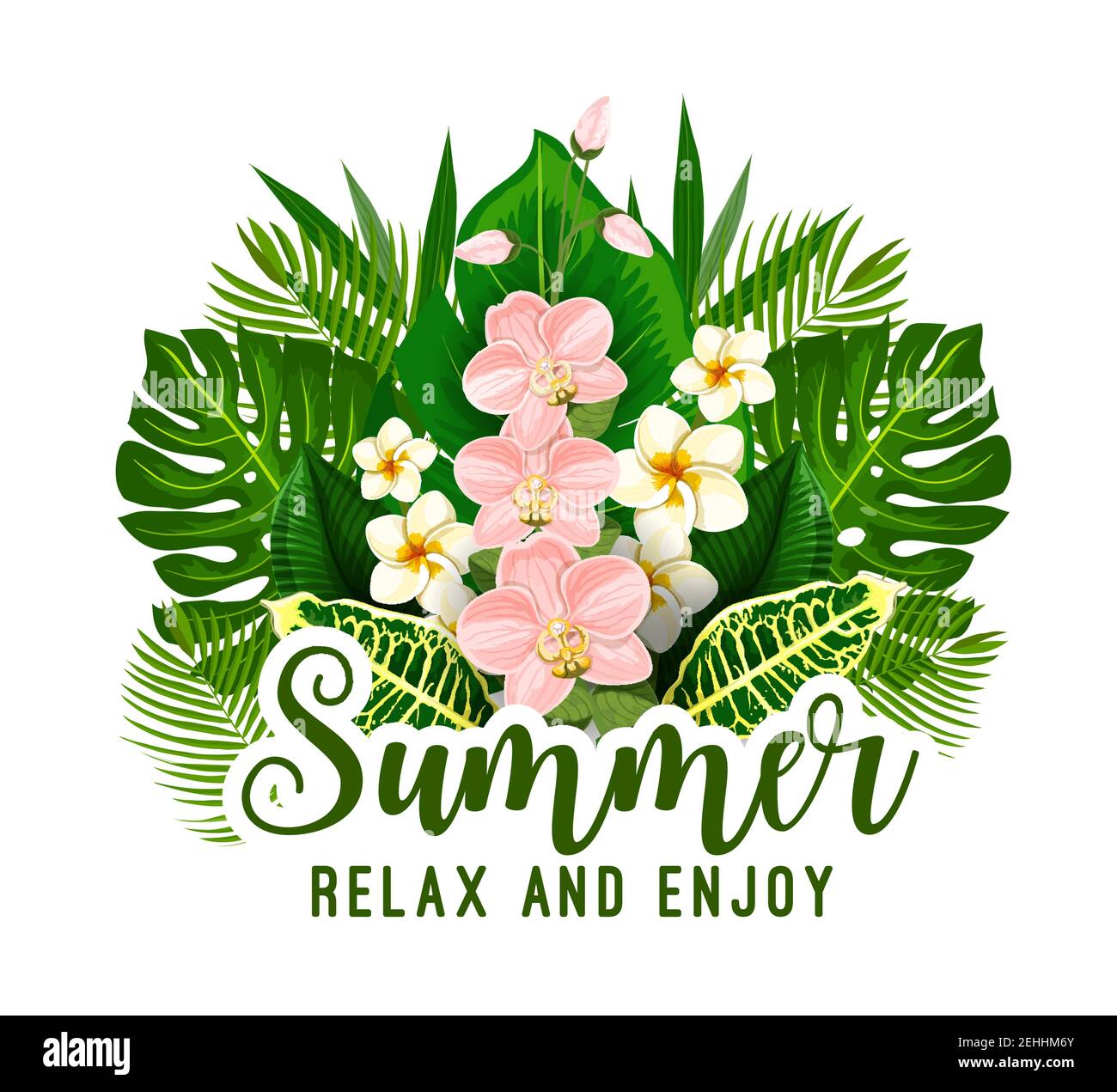 Summer tropical holiday and vacation floral poster with exotic palm ...