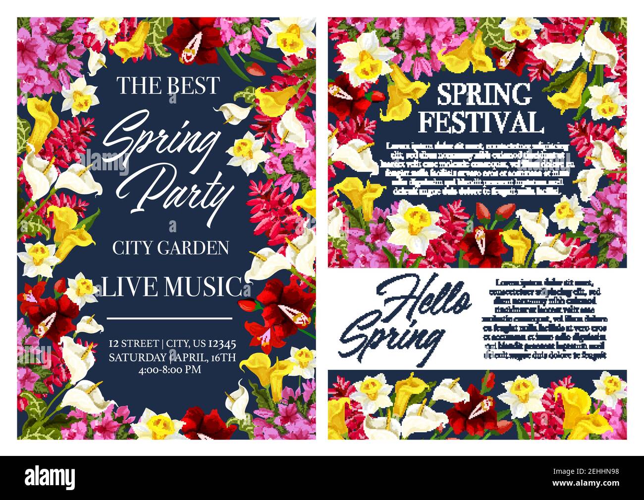 Spring holiday party invitation banner with blooming flower frame ...