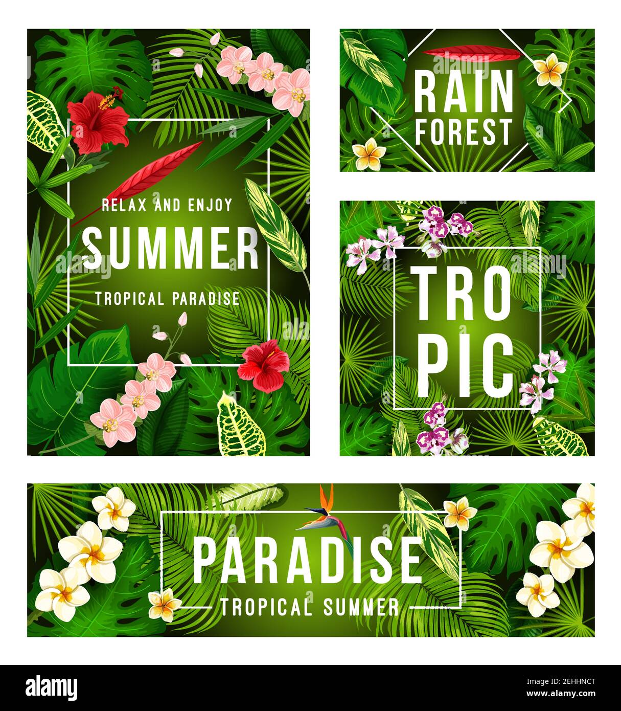 Summer tropical paradise banner with exotic floral frame. Green palm ...