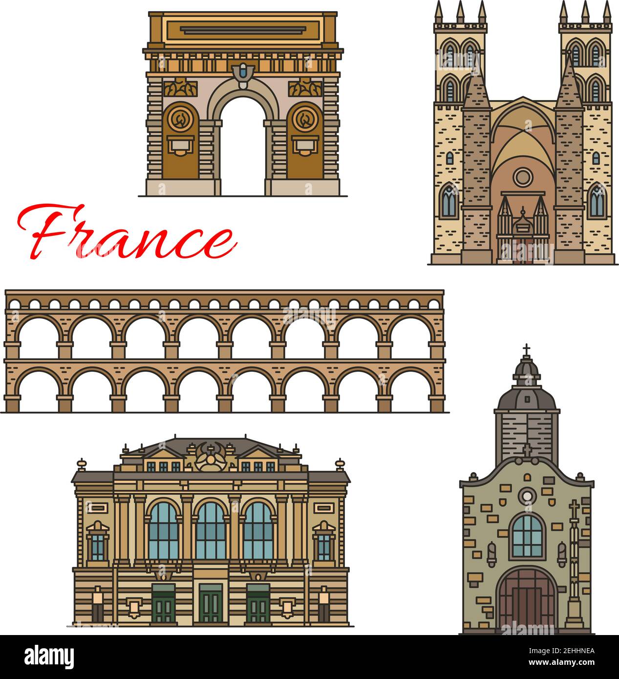 French travel landmark icons set for European tourism design. Thin line ...