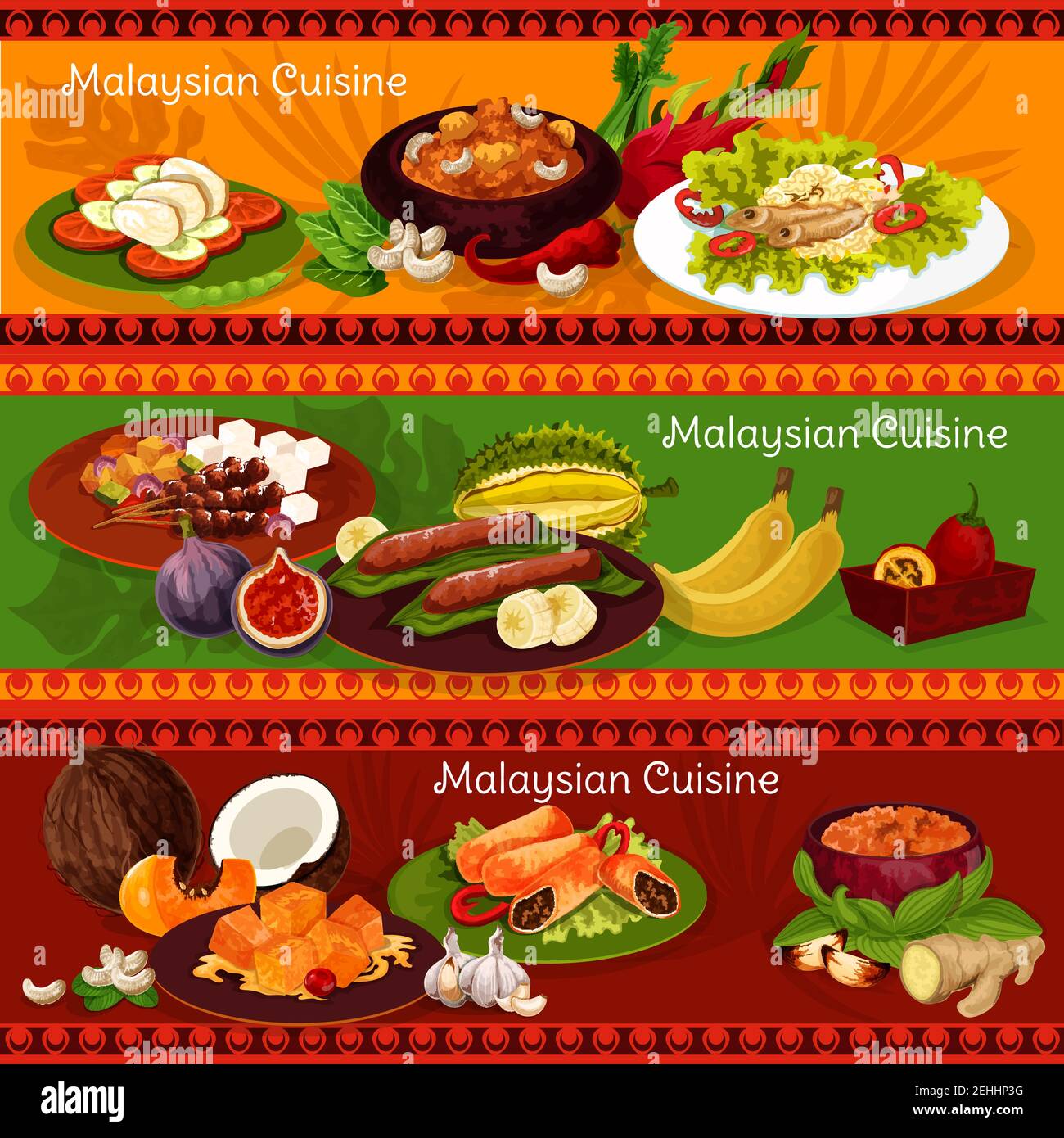 Malaysian cuisine banners for asian restaurant design. Chicken and beef ...