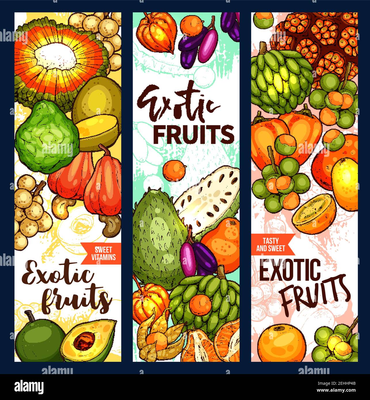 Exotic fruits and tropical fruit harvest sketch banners. Vector design ...