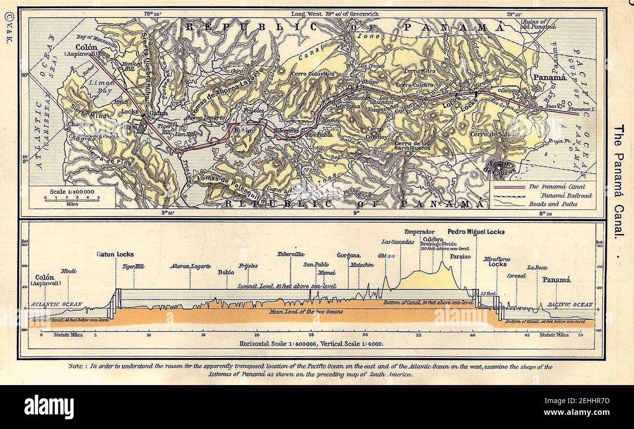 Panama Canal relief and cross section map Stock Photo - Alamy