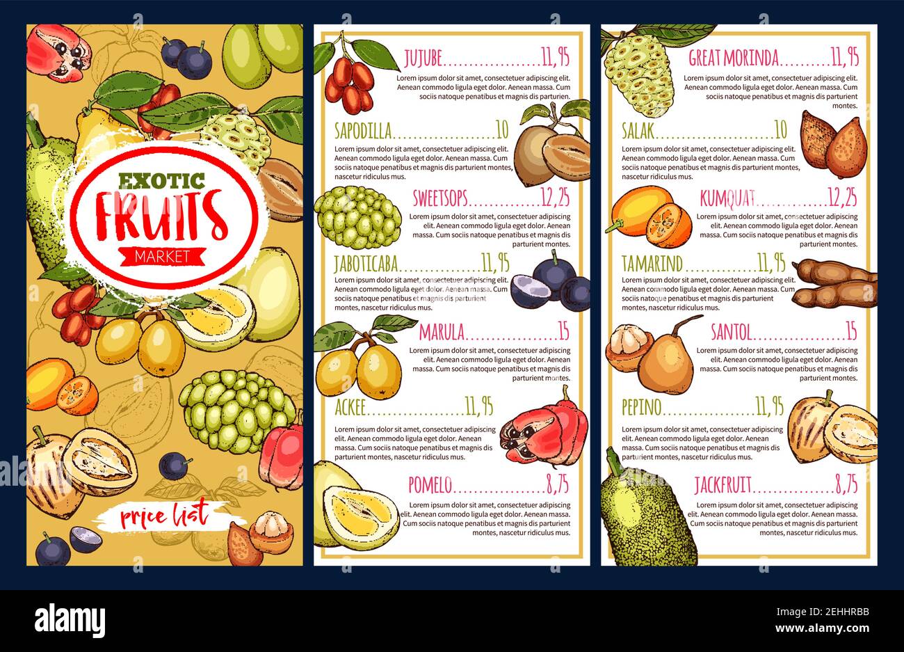 Fruit market price list template with exotic tropical berries. Pomelo ...