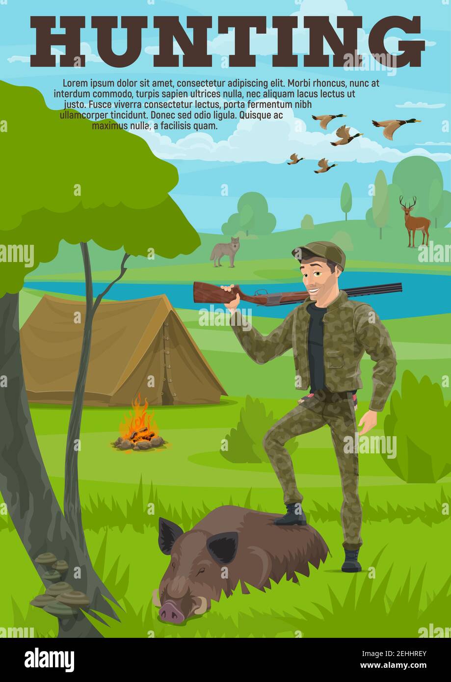 Hunting sport banner with hunter, wild animal and bird. Huntsman with ...