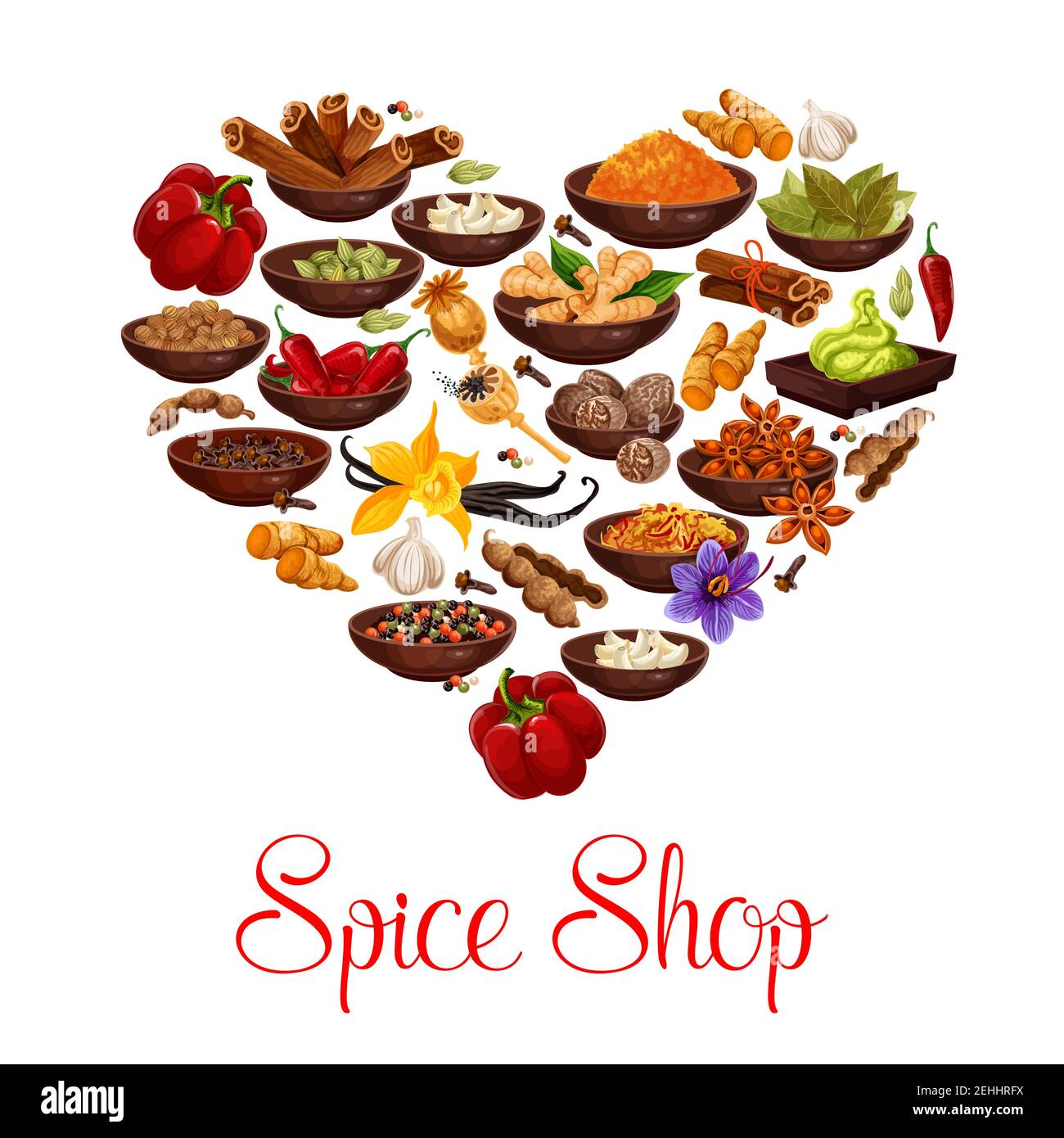Heart formed of spice and condiment poster for spice shop design. Pepper, cinnamon and star ...