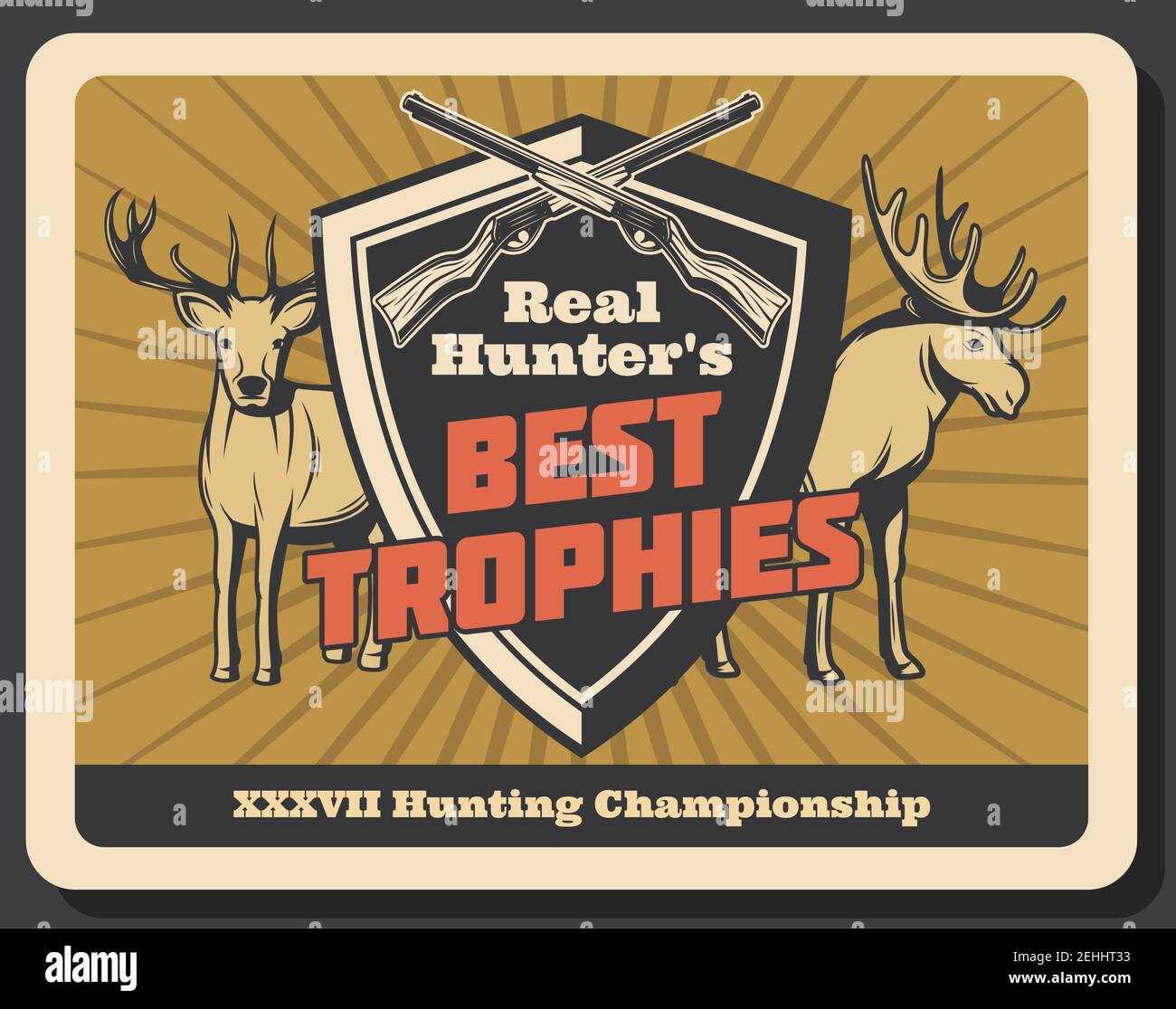 Hunting championship or hunter club retro poster of wild animal trophy ...