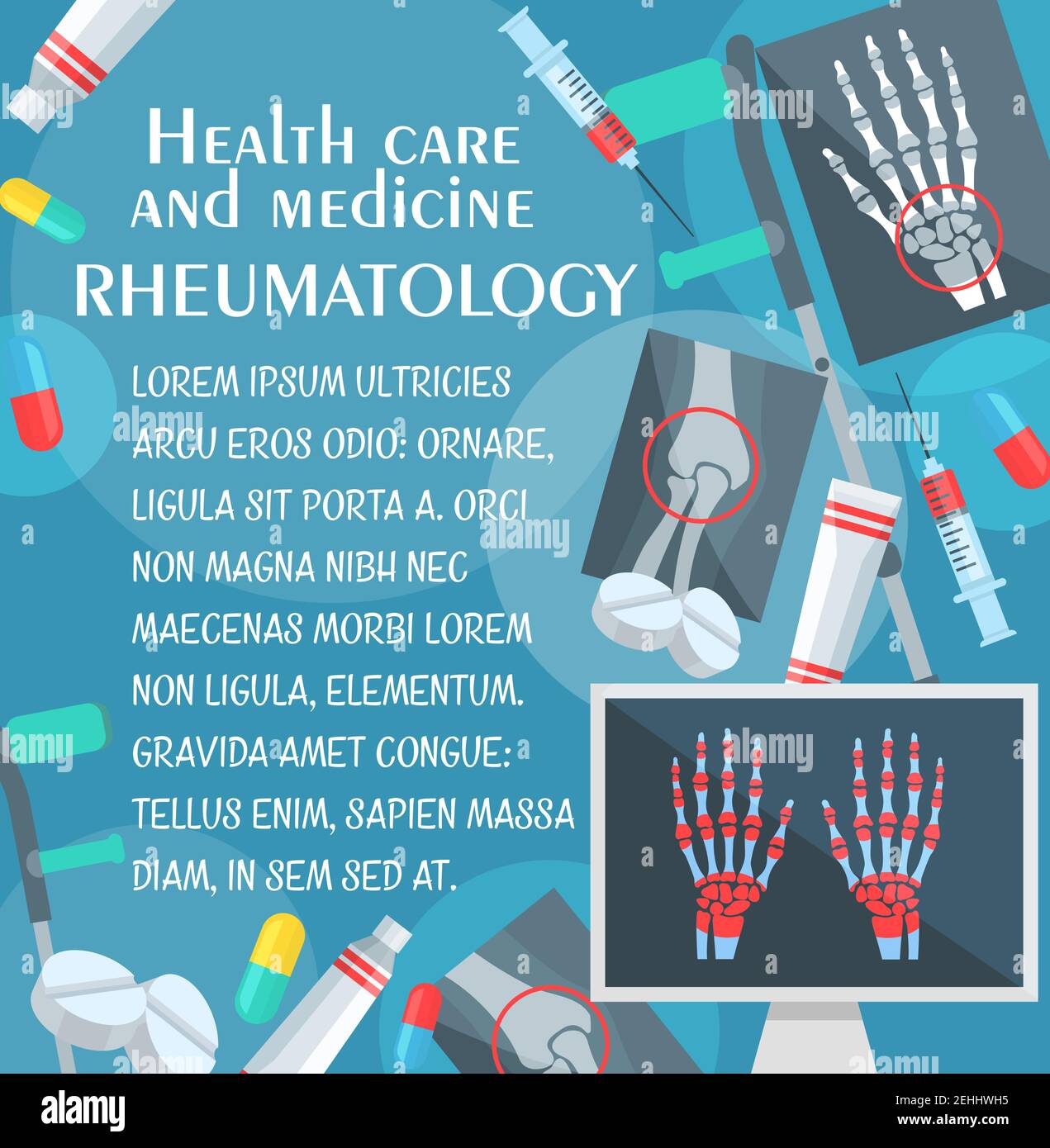 Rheumatology medical poster with human bone and joint x-ray ...