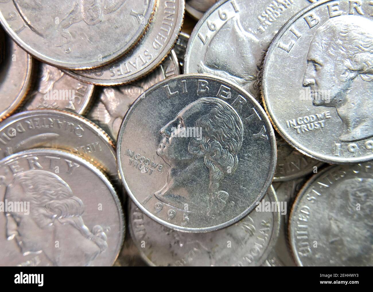 Flat view Quarters. United States currency twenty five cent coins. The ...