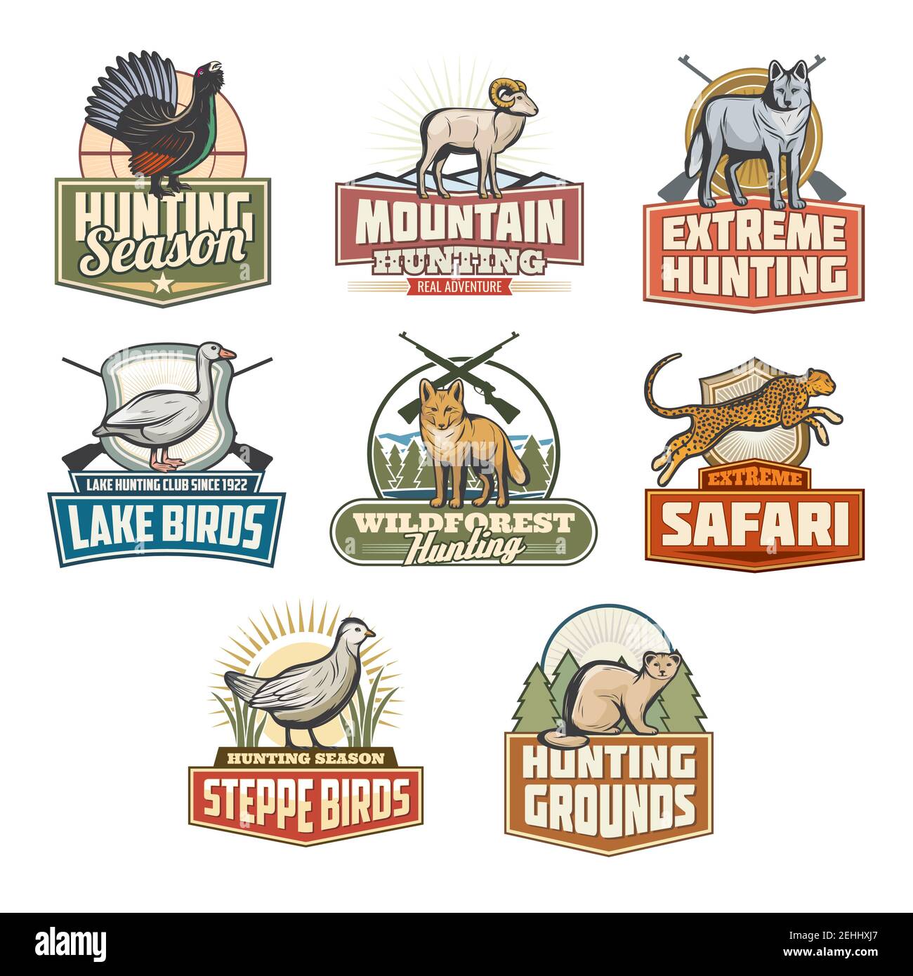 Hunting open season icons of wild animals and birds for safari hunt ...